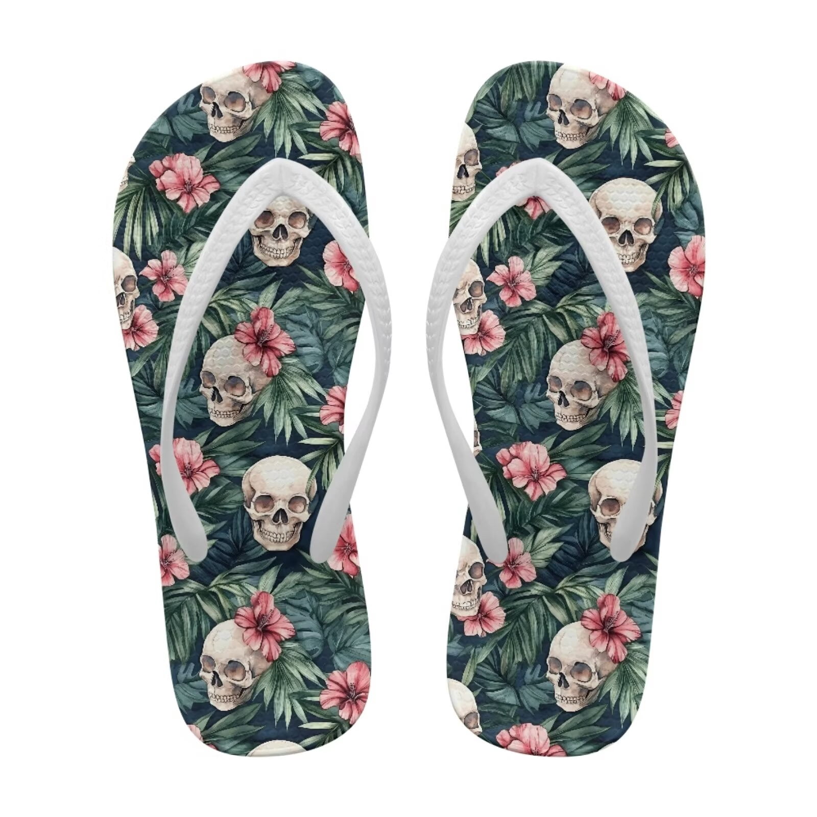 Chririnla Hibiscus Flowers Skull Print Flip Flops for Women Non-Slip ...