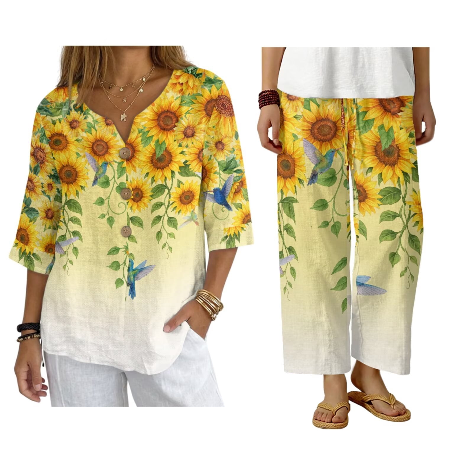 Chririnla Hummingbird Sunflower Linen Sets for Women 2Piece Pants ...