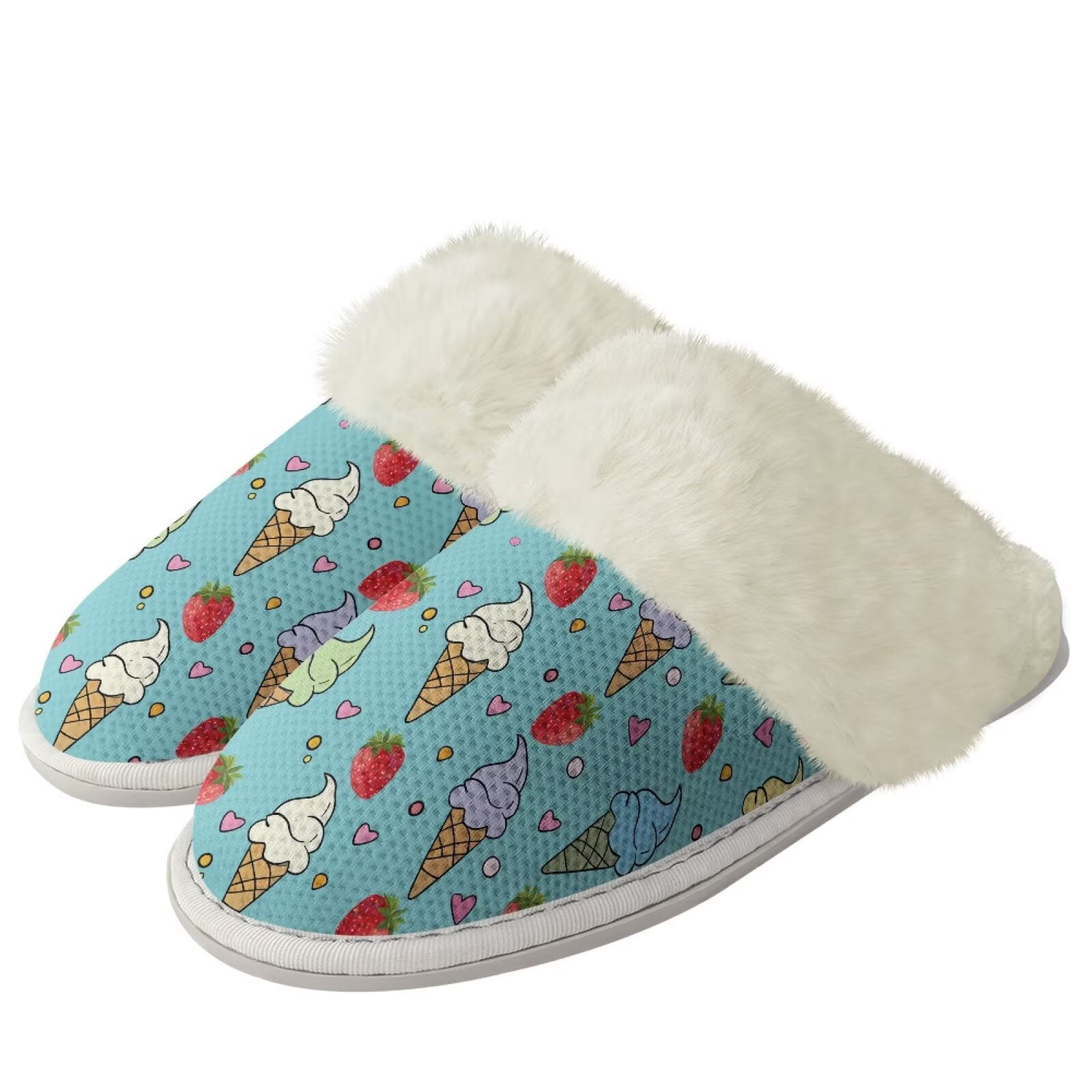 Chririnla Ice Cream Fuzzy Slippers Women Closed Toe Warm Strawberry ...