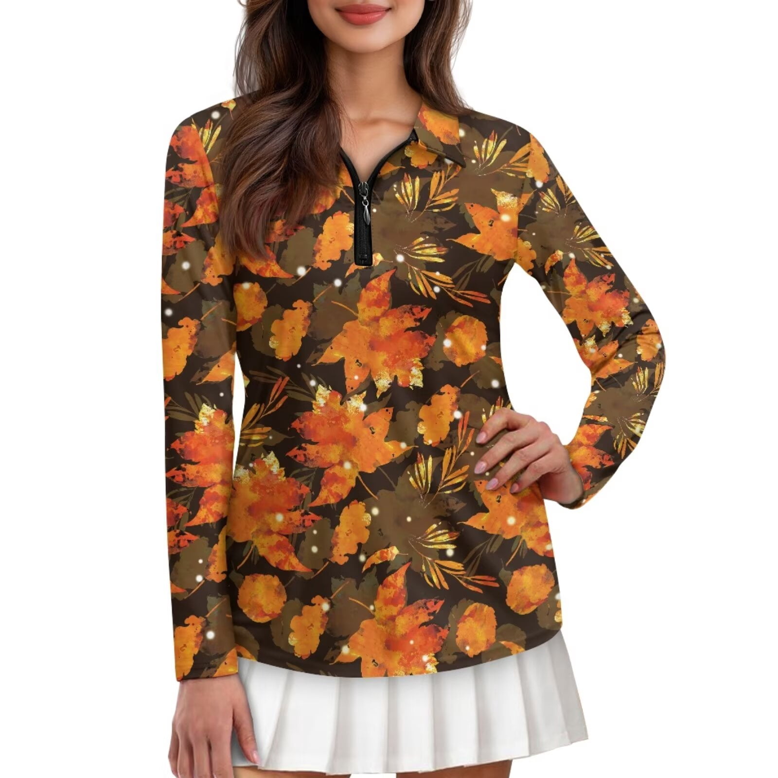 Chririnla Maple Leaf Pattern Golf Shirts for Woman Long Sleeve Quick ...