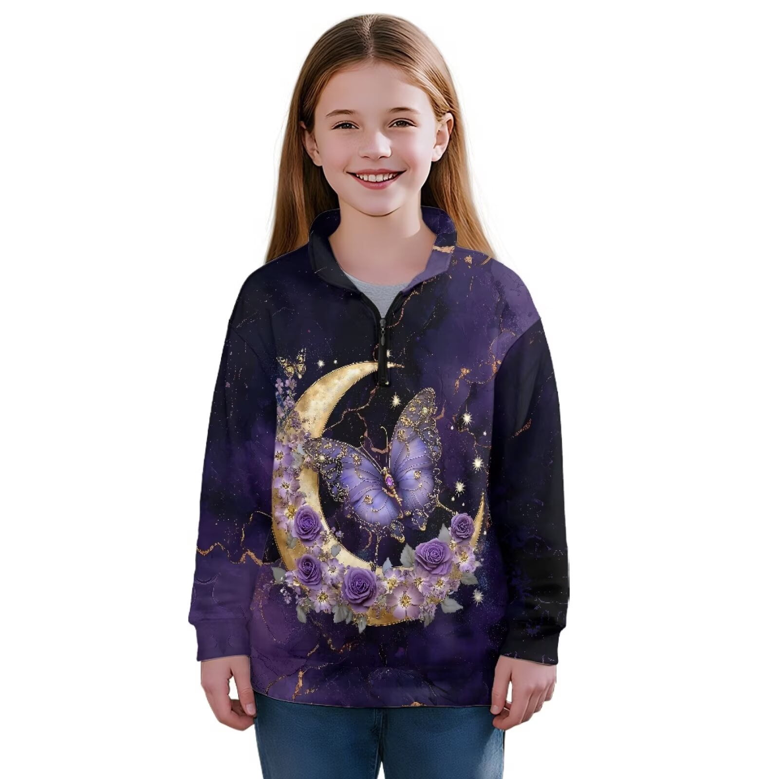 Chririnla Marble Butterfly Rose Purple Girls Casual Hoodies Quarter Zip ...