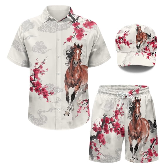 Chririnla Mens Short Sleeve Button Down Shirts Cherry Blossom Horse ...