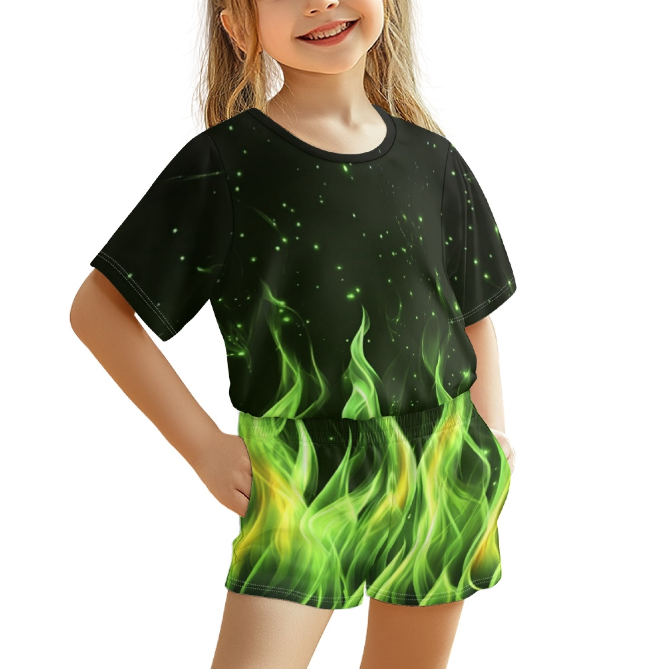 Chririnla Neon Green Flame Pattern Kids Summer Outfit for Playground ...