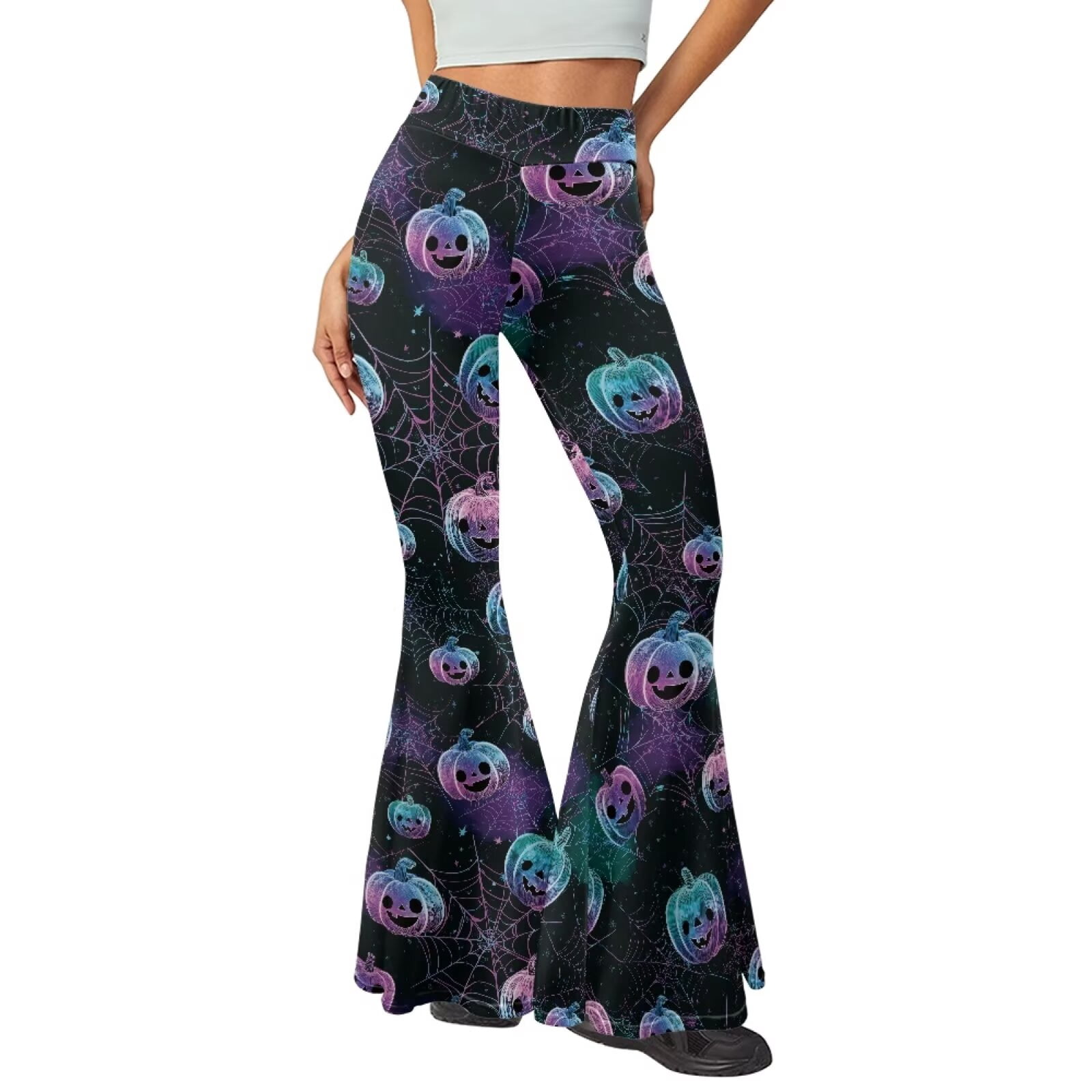 Chririnla Neon Pumpkin Web Flare Yoga Pants for Women Comfy Soft Wide ...
