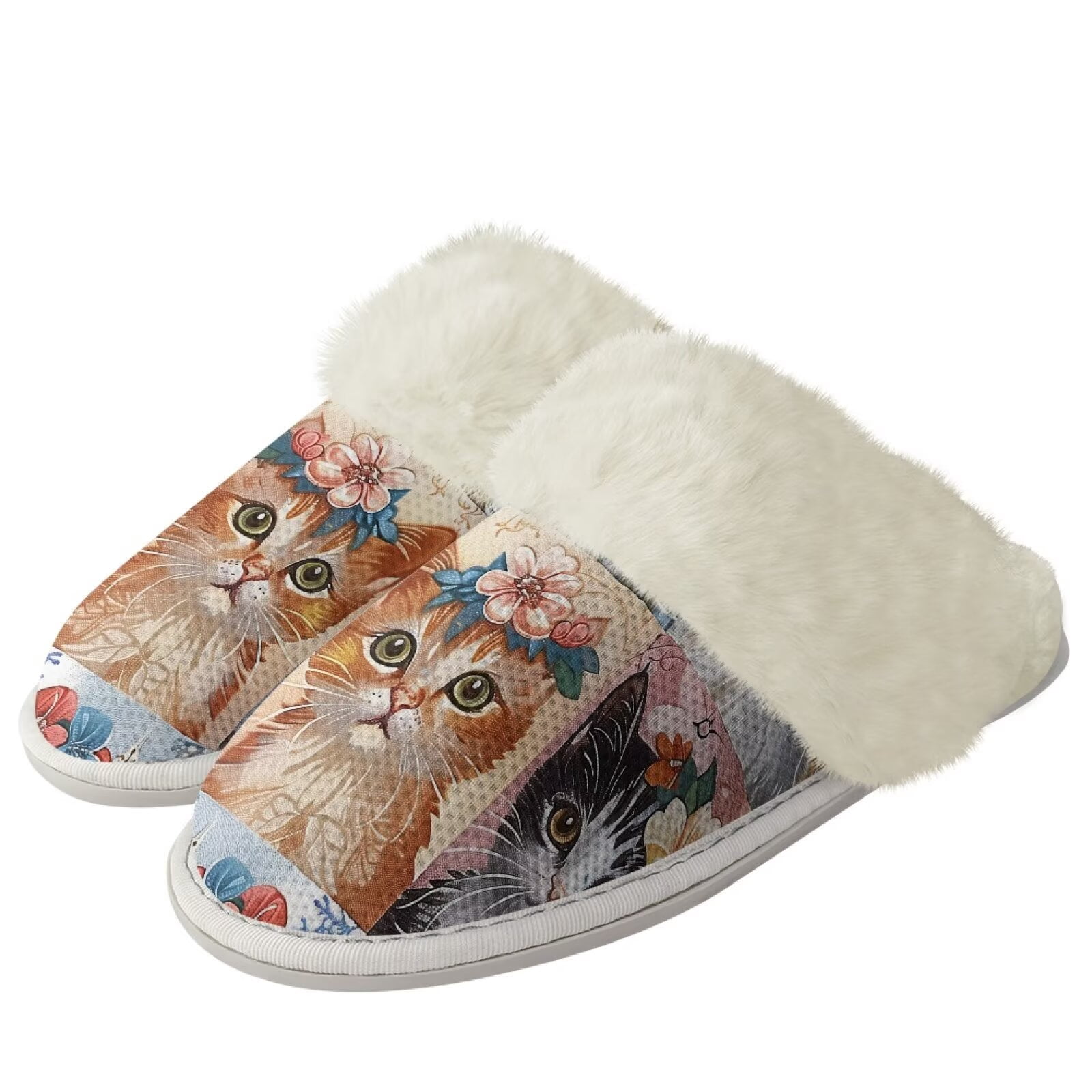 Chririnla Orange Cat Print Plush House Shoes for Women Cute Fuzzy House ...