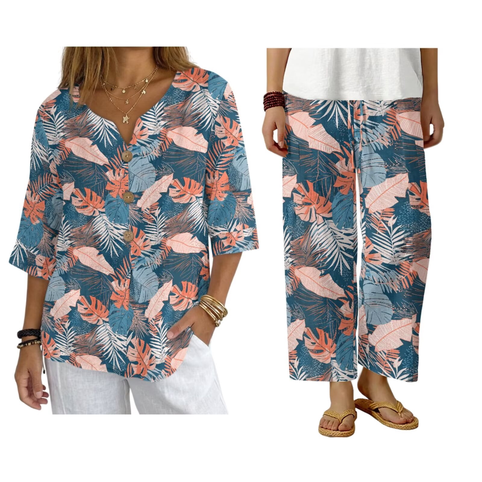 Chririnla Palm Leaves Print Women Short Sleeve Linen Shirts or Wide Leg ...