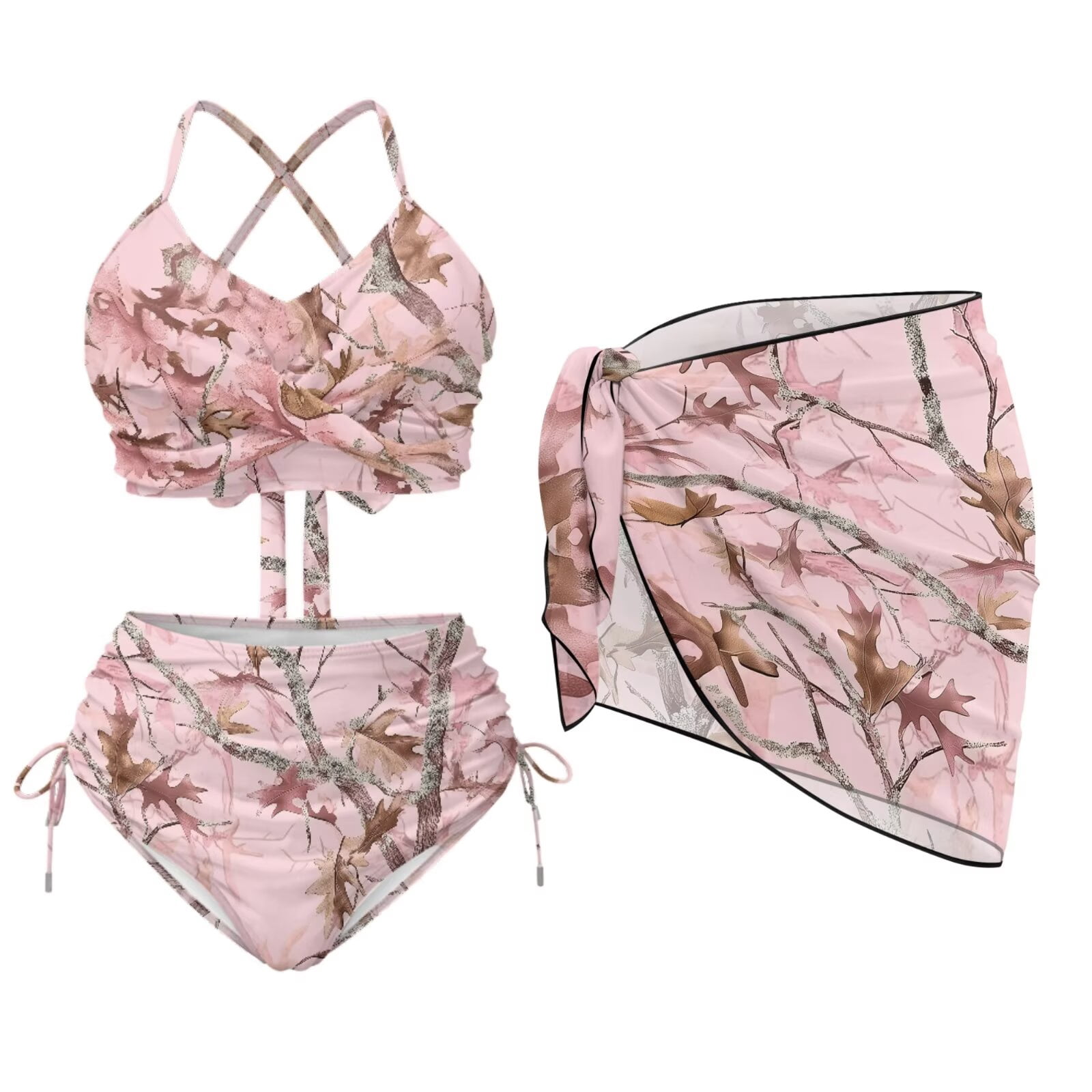 Chririnla Pink Camo Hunting Women's Beachwear 3 Piece Set: High Waisted ...