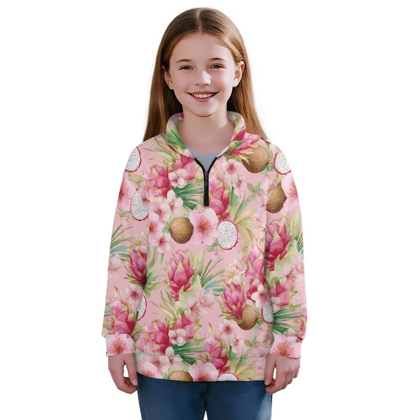 Chririnla Pink Flowers Fruit Kids Christmas Sweatshirt Half Zip ...