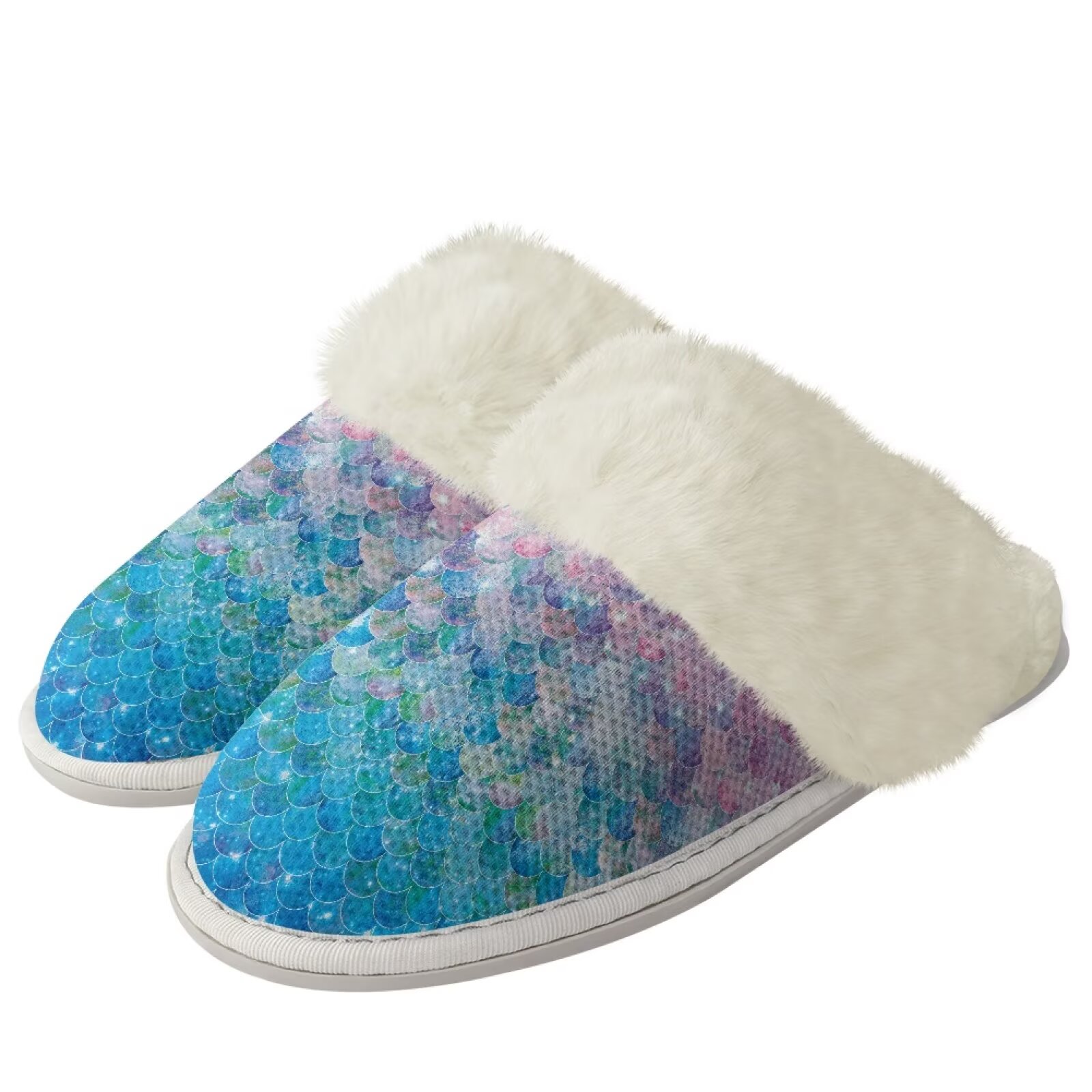 Chririnla Plush House Shoes for Women Blue Fish Scale Print Fuzzy ...