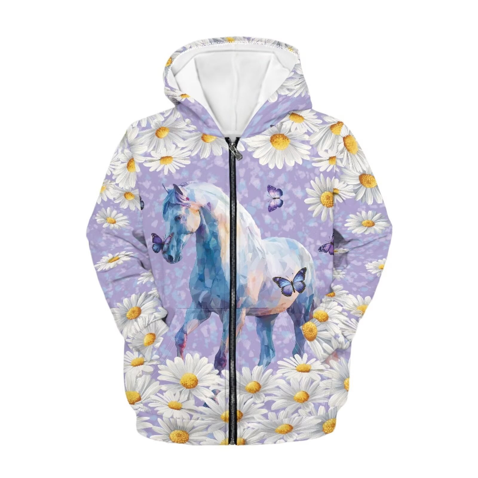 Chririnla Purple Daisy Butterfly Horse Youth Zip Up Hoodie Lightweight Long Sleeve with Pockets ...