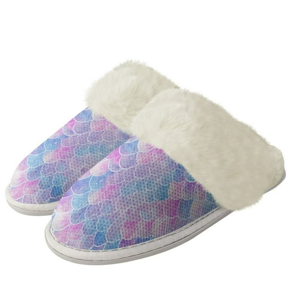 Chririnla Purple Fish Scale Fuzzy Slippers Women Non Slip Plush House Slippers Indoor Slipper ...