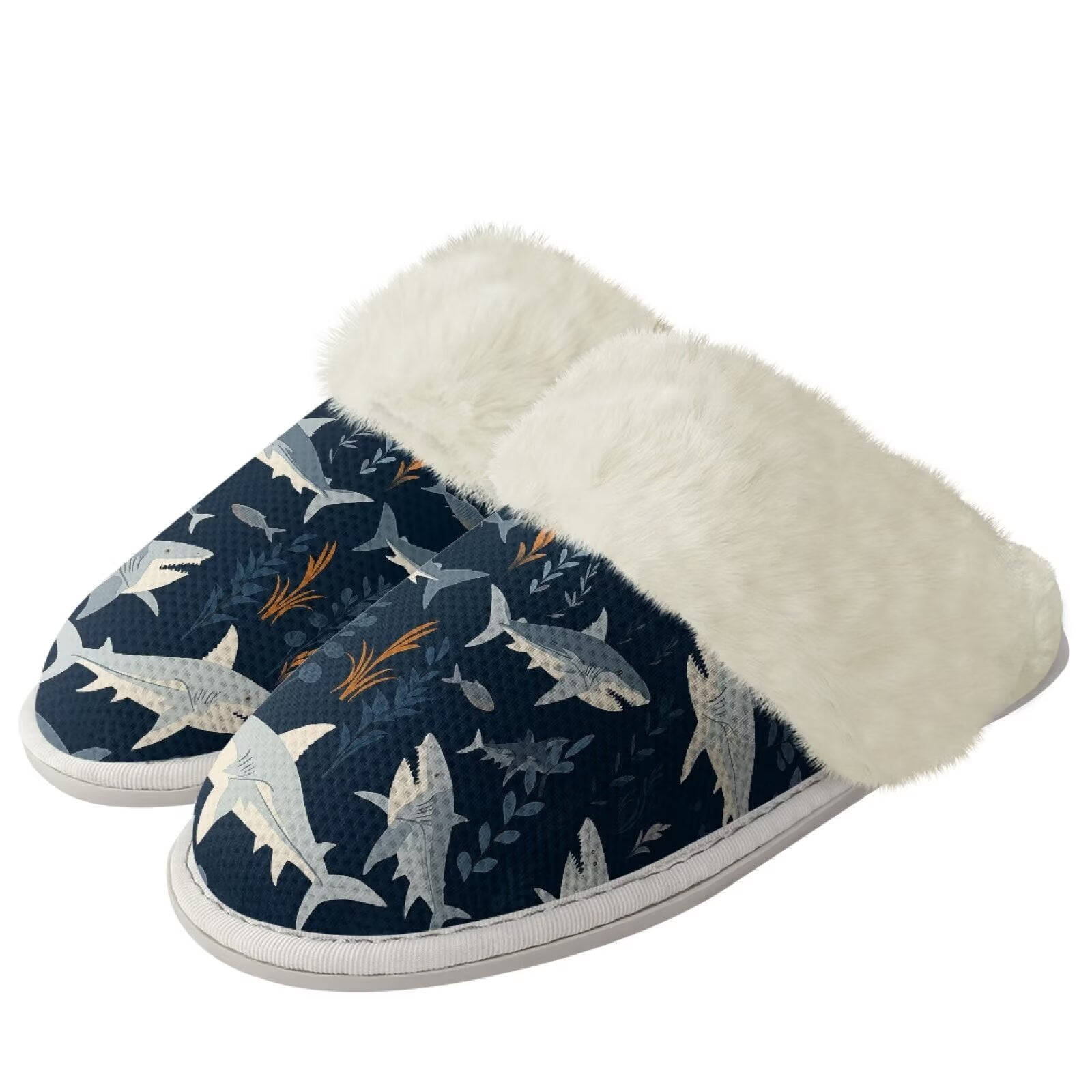 Chririnla Sharks Print Plush House Slippers for Men Slippers with Fur ...