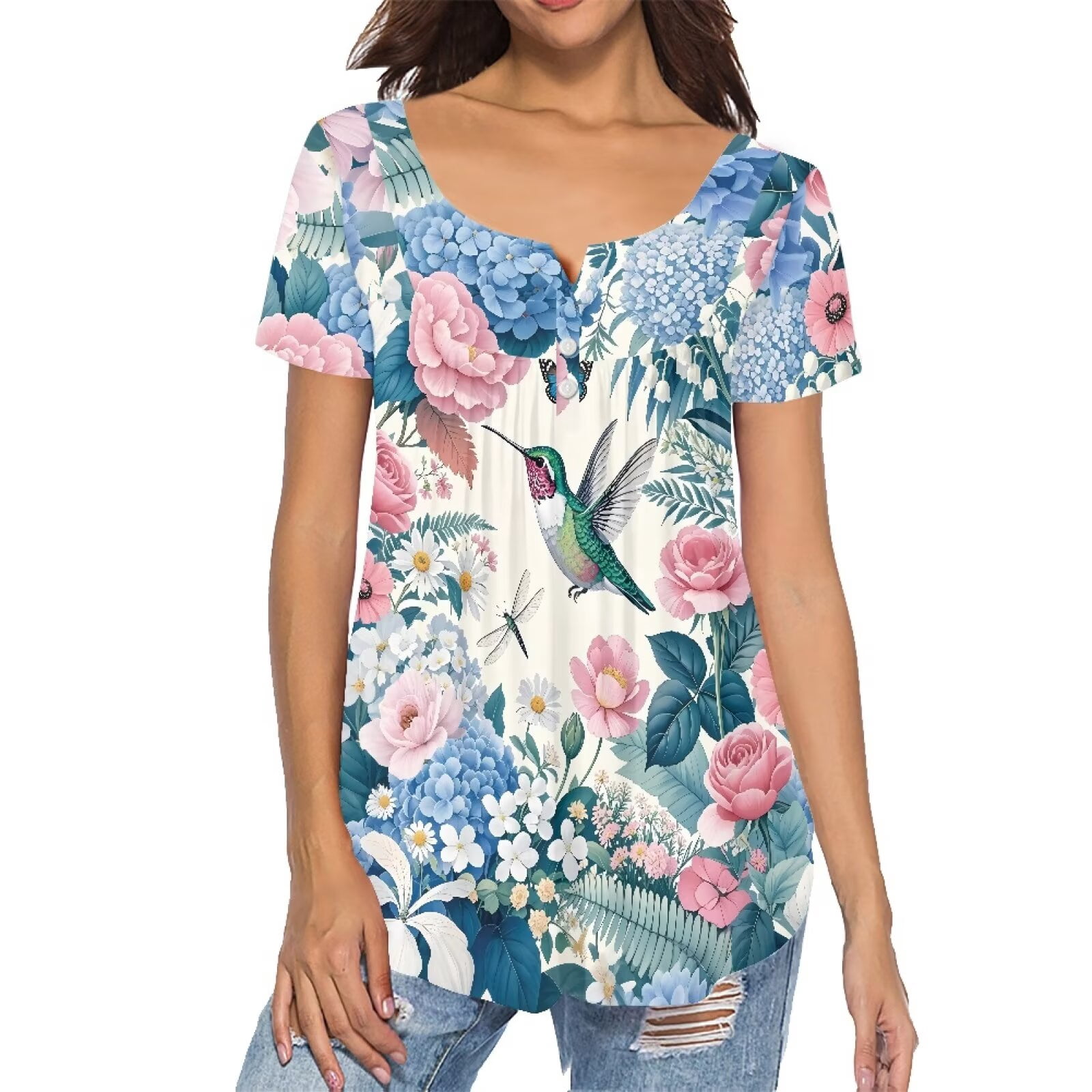 Chririnla Short Sleeve Henley Blouses for Women Floral Hummingbird Plus ...