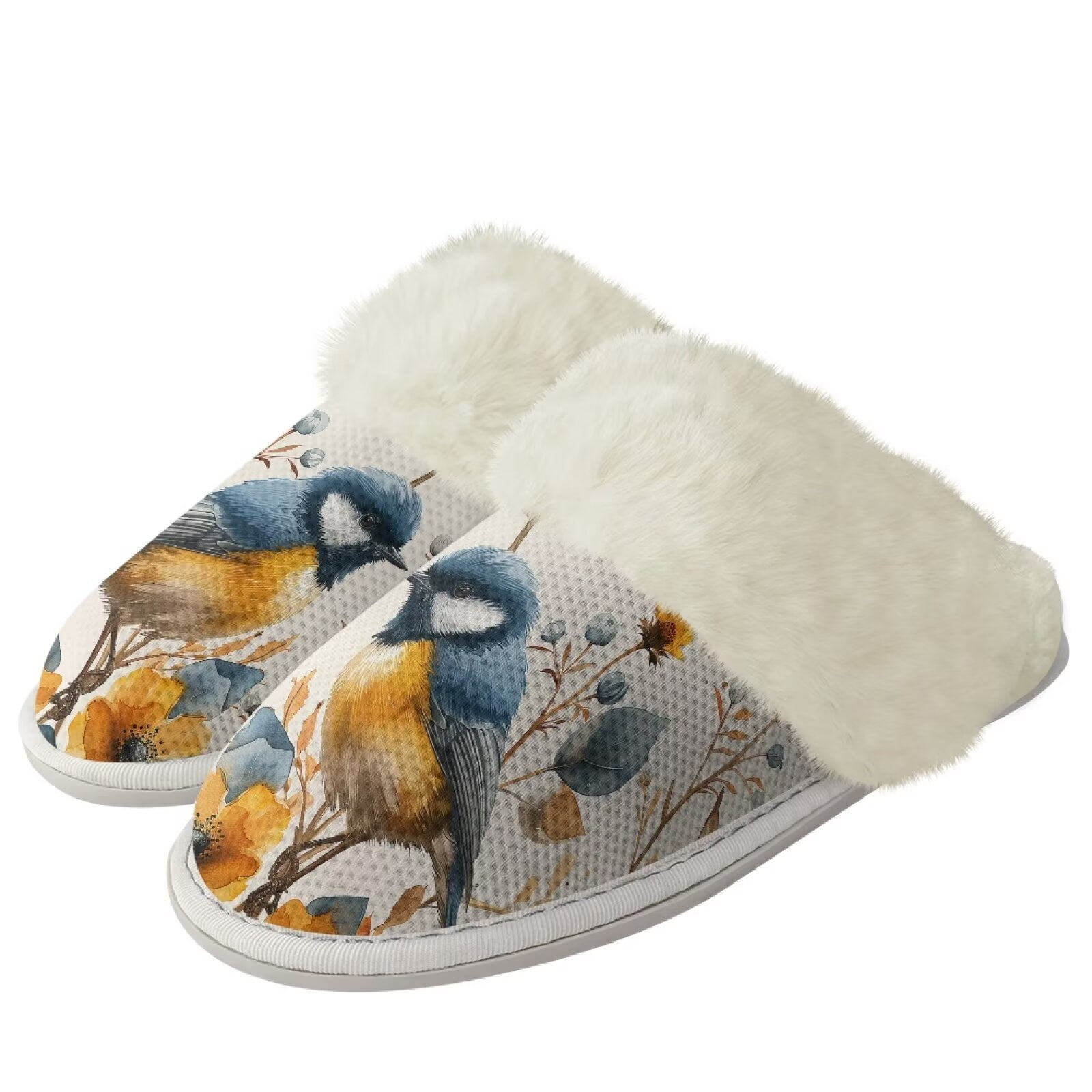 Chririnla Small Bird Fuzzy Slippers Women Blue Plush Slippers with Fur ...