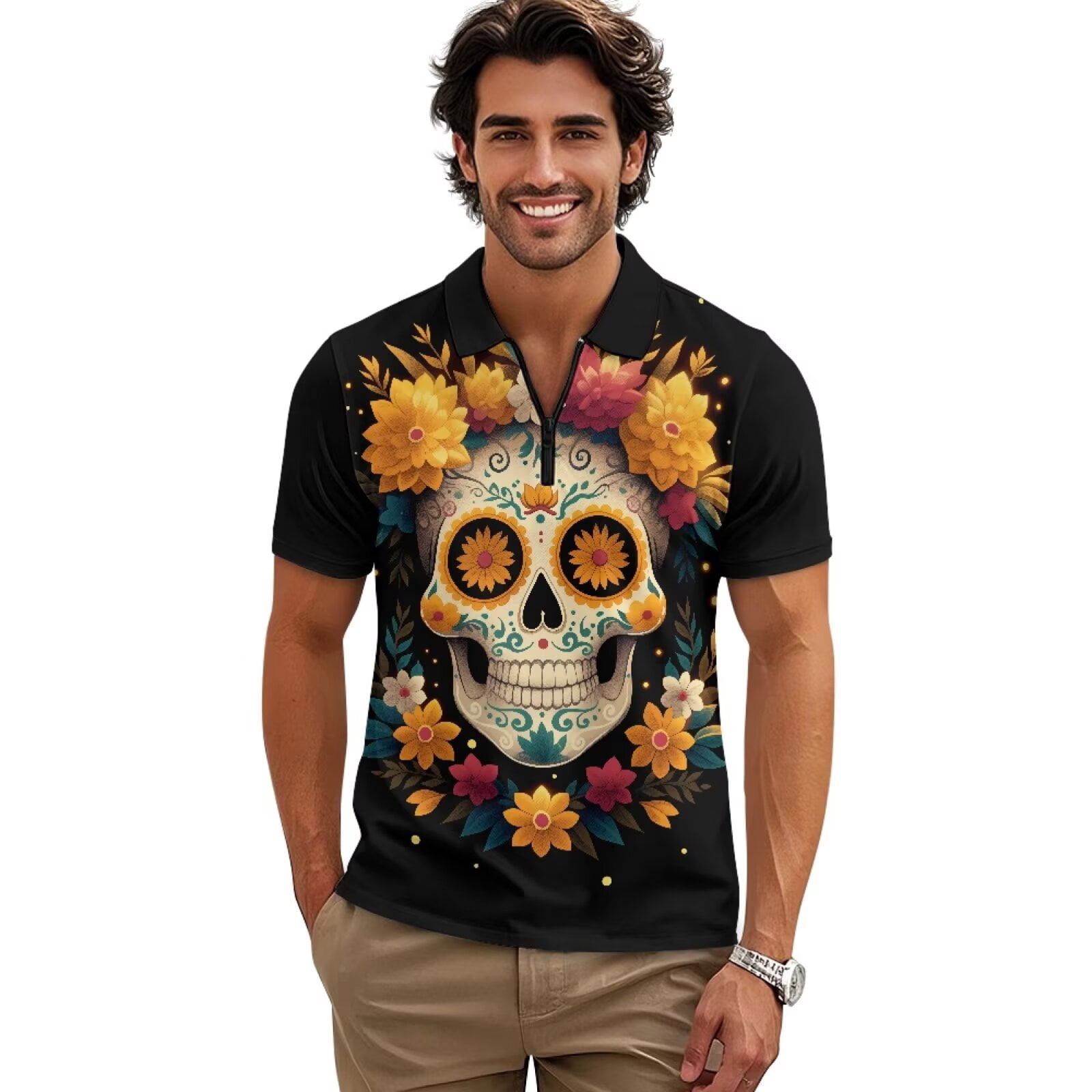 Chririnla Sugar Skull Floral Golf Shirts for Men Collared Zipper Tops ...