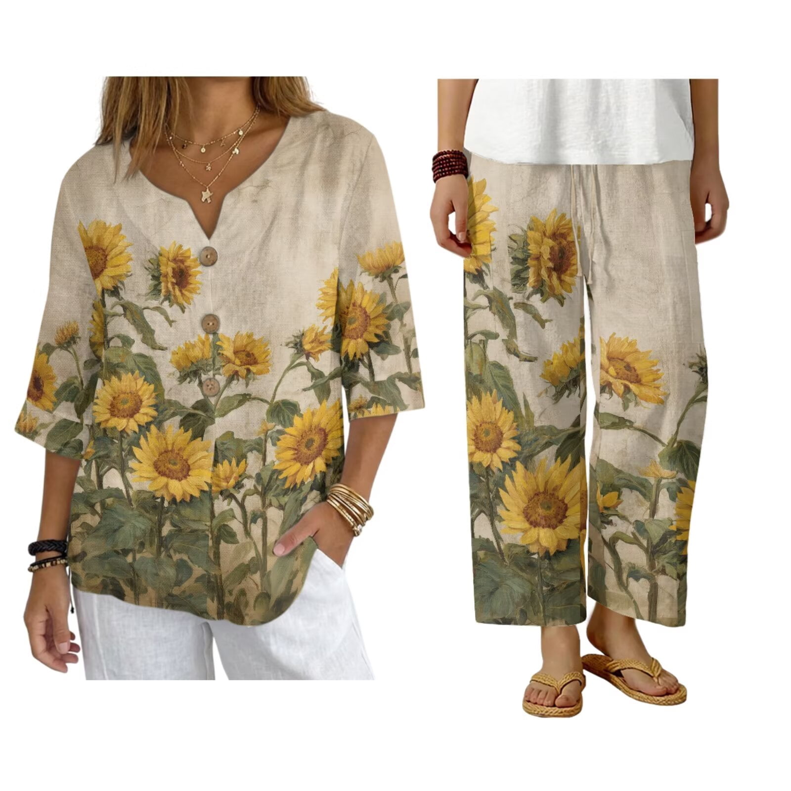 Chririnla Sunflower Linen 2Piece Outfit for Womens 3/4 Sleeve Button ...