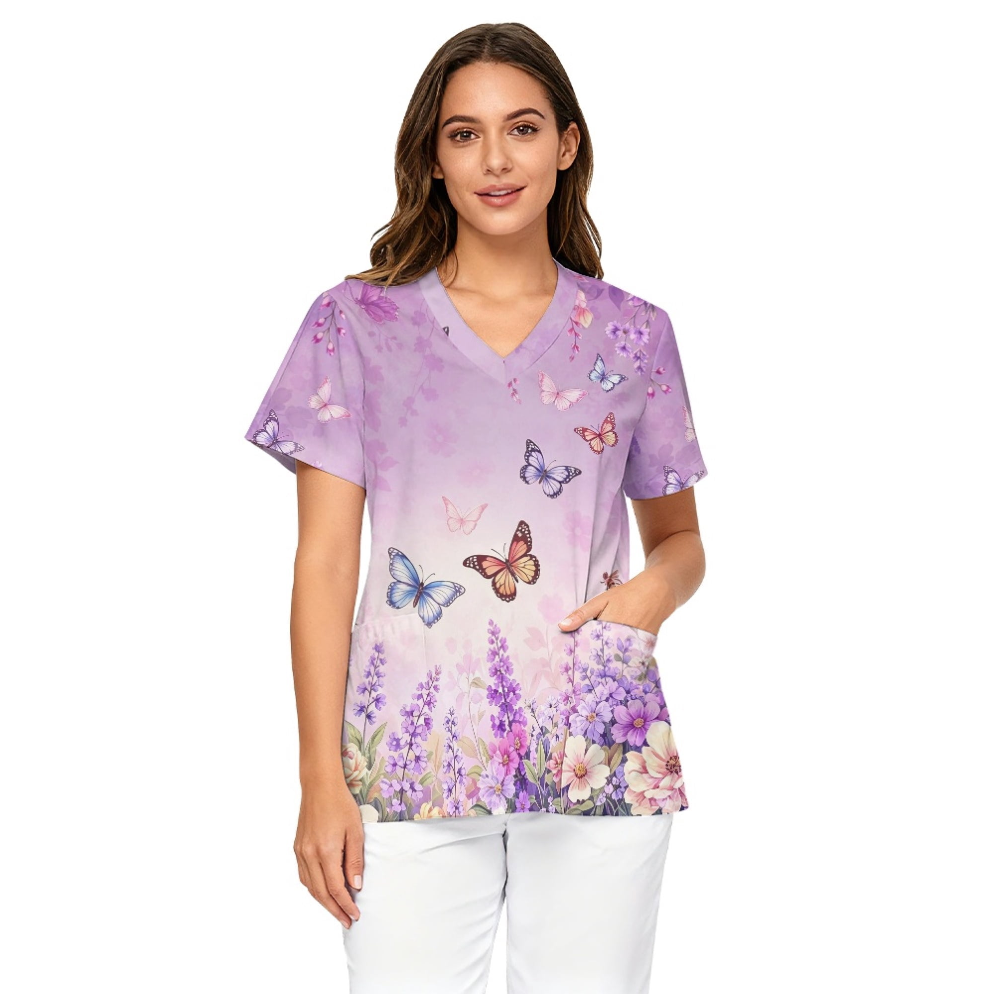 Chririnla V-Neck Medical Top Scrubs for Women - Fun Lavender Butterfly ...