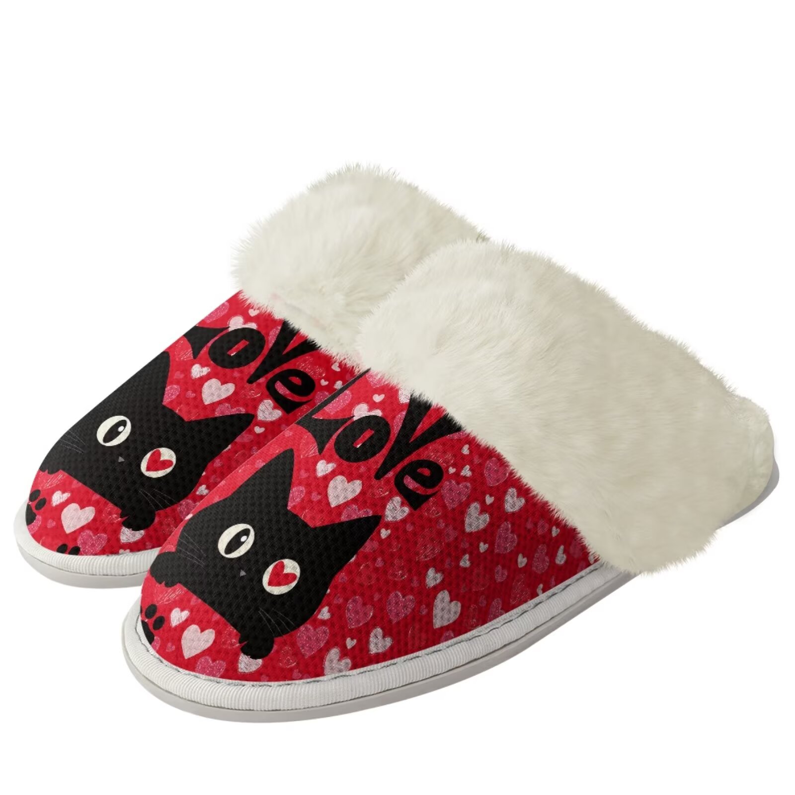 Chririnla Valentine's Love Cat Fuzzy Slippers for Women Non-Slip Warm ...