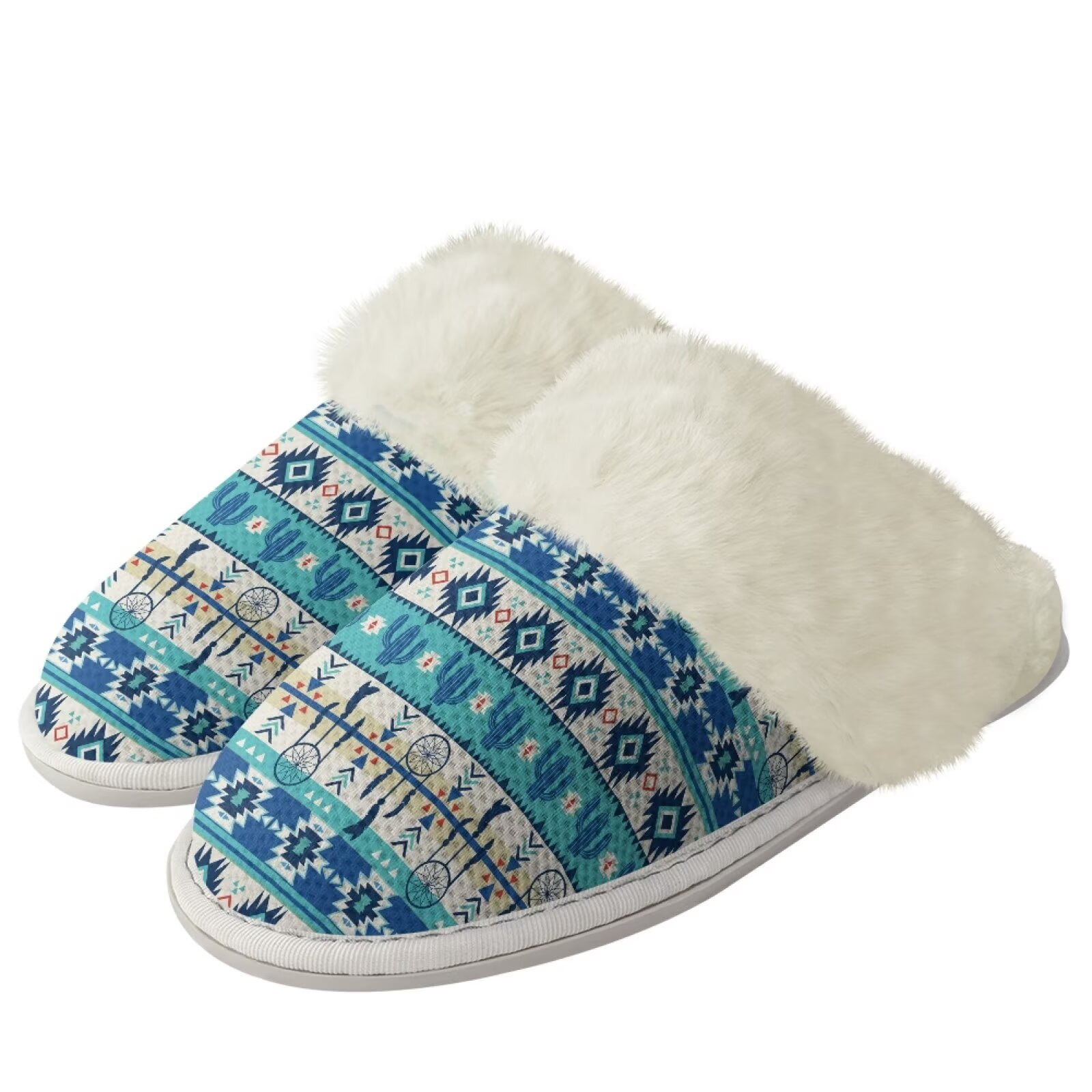 Chririnla Western Aztec Cactus Plush Slippers for Women Indoor Warm ...