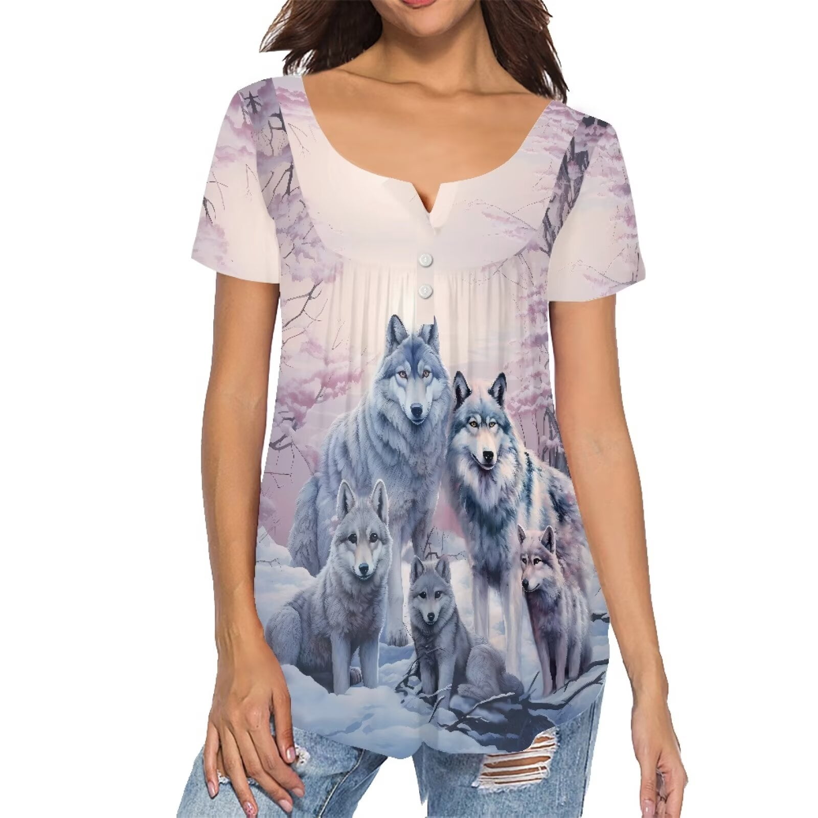 Chririnla Wolf Theme Tops for Women Blouses Henley Tunic Tops Plus Size ...