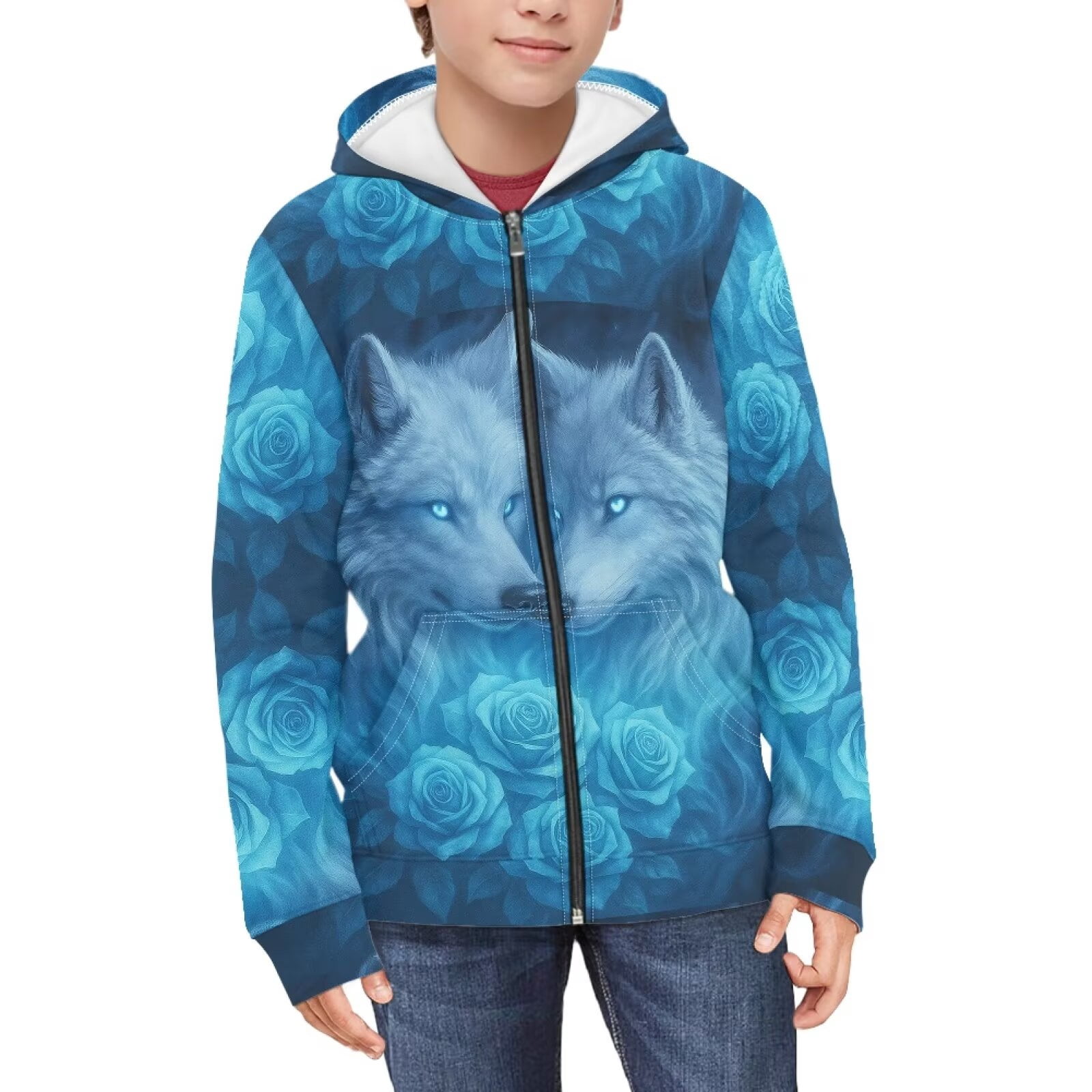 Chririnla Wolves Blue Rose Lightweight Kids Sweatshirt Zip Up Hooded ...