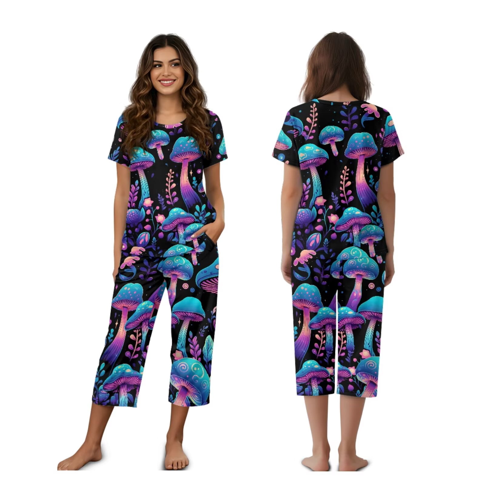 Chririnla Women Neon Mushroom Pajamas Sets Two Piece Short Sleeve ...