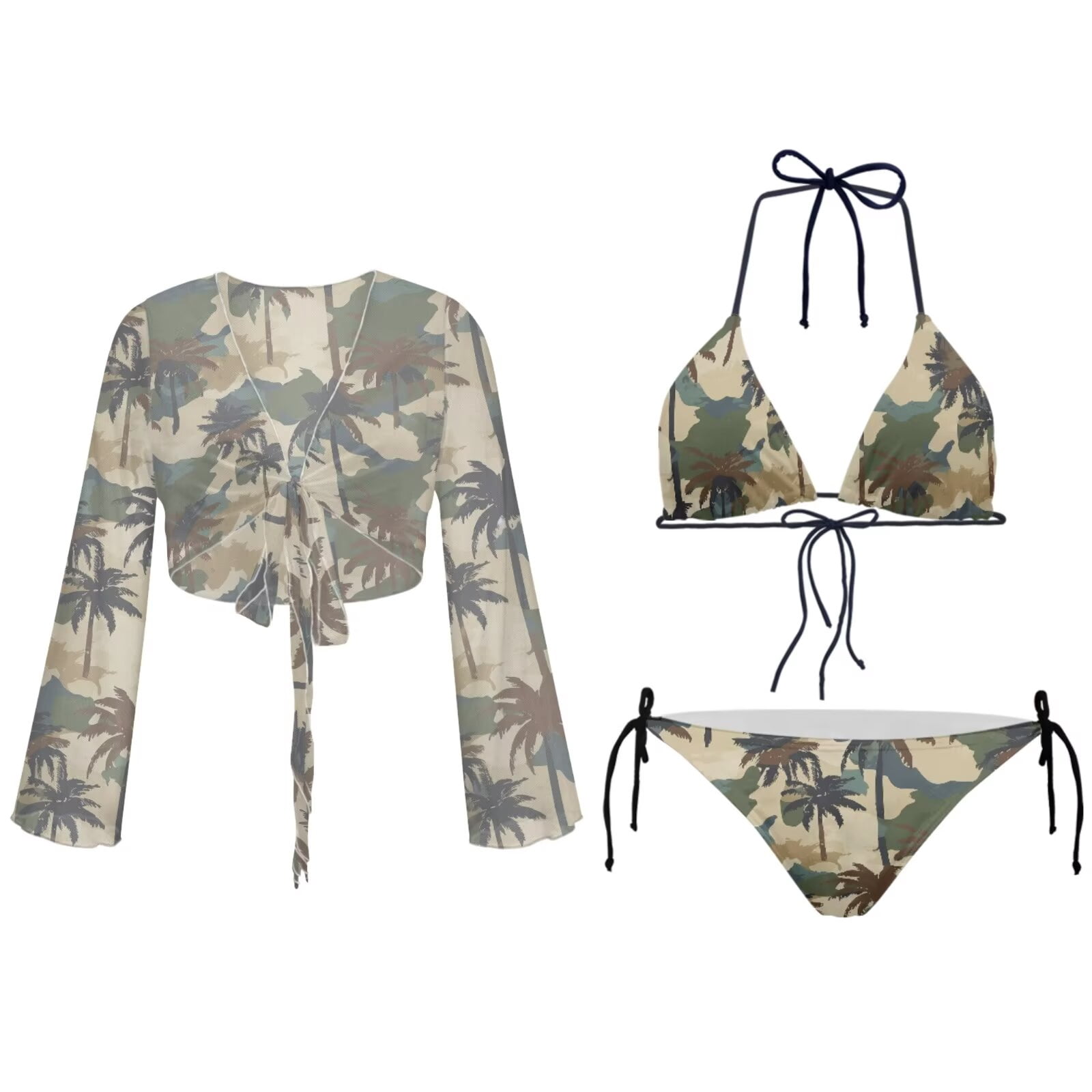 Chririnla Women's 3 Piece Palm Tree Swimsuits Green Camouflage Halter ...