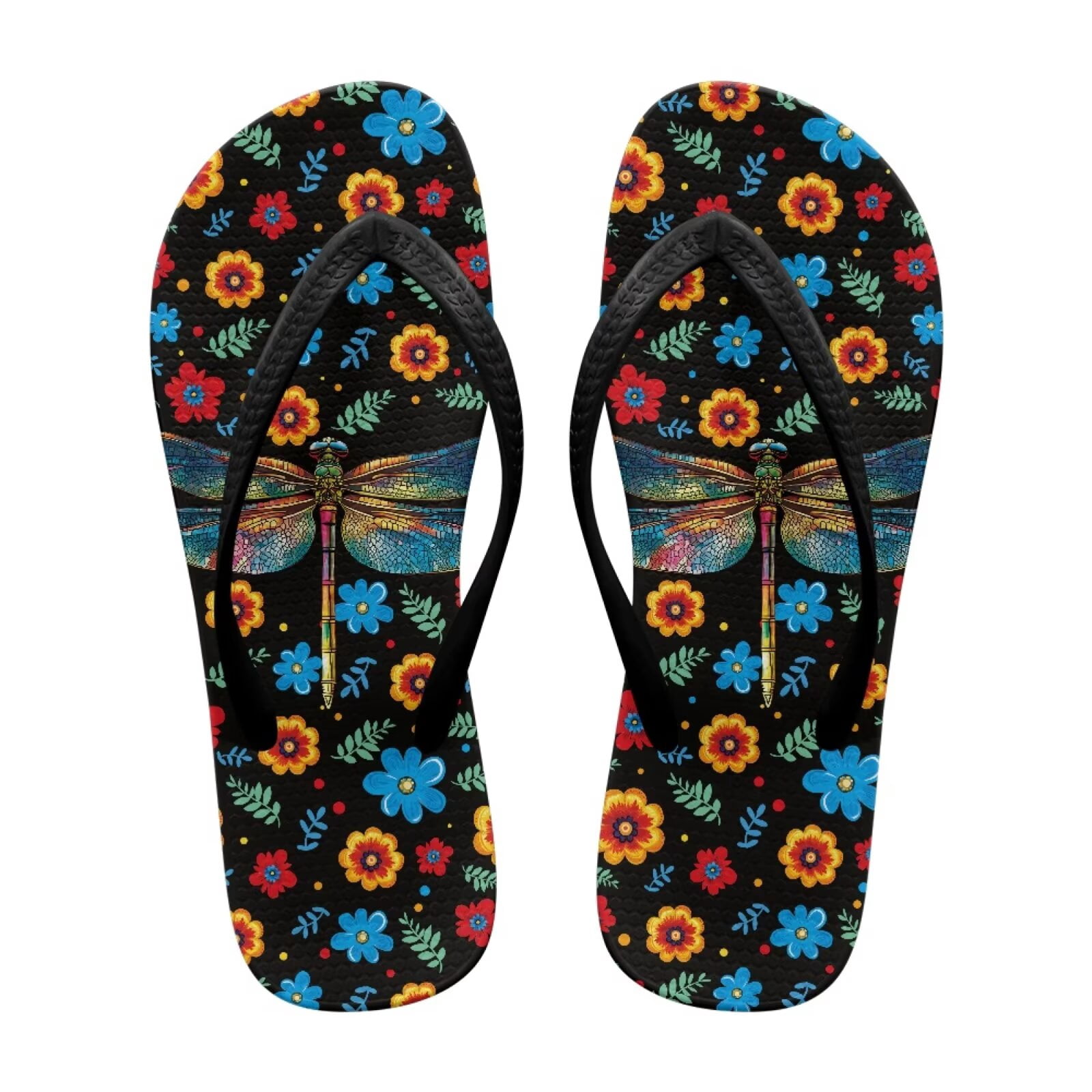 Chririnla Womens Dragonfly Flower Print Flip Flops Casual Comfortable ...