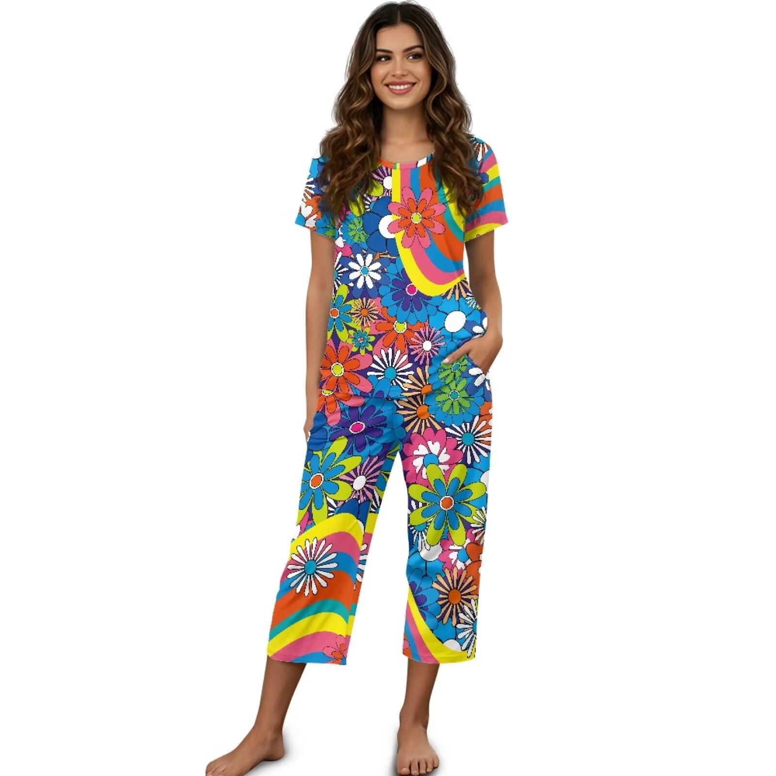 Chririnla Womens Pajama Sets Casual Capri Pajamas Set 2 Piece Blue ...