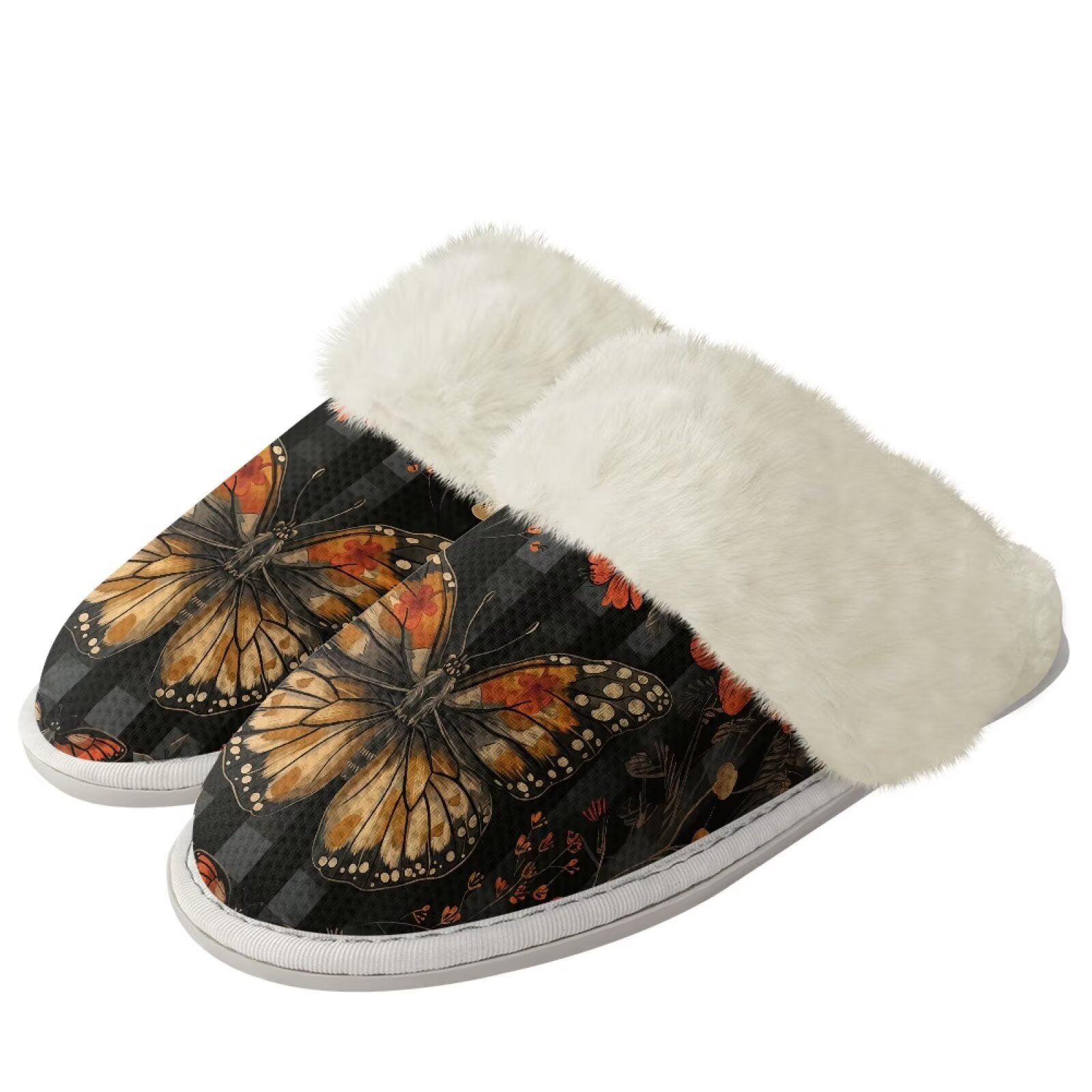 Chririnla Yellow Butterfly Print Cotton Slippers with Fur Edges Fuzzy ...