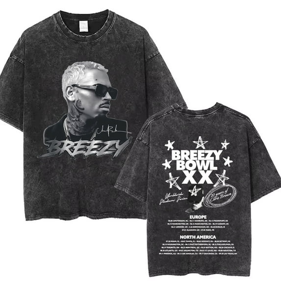 Chris Brown Breezy Bowl XX Tour 2025 Inspired Retro-Washed Graphic T ...