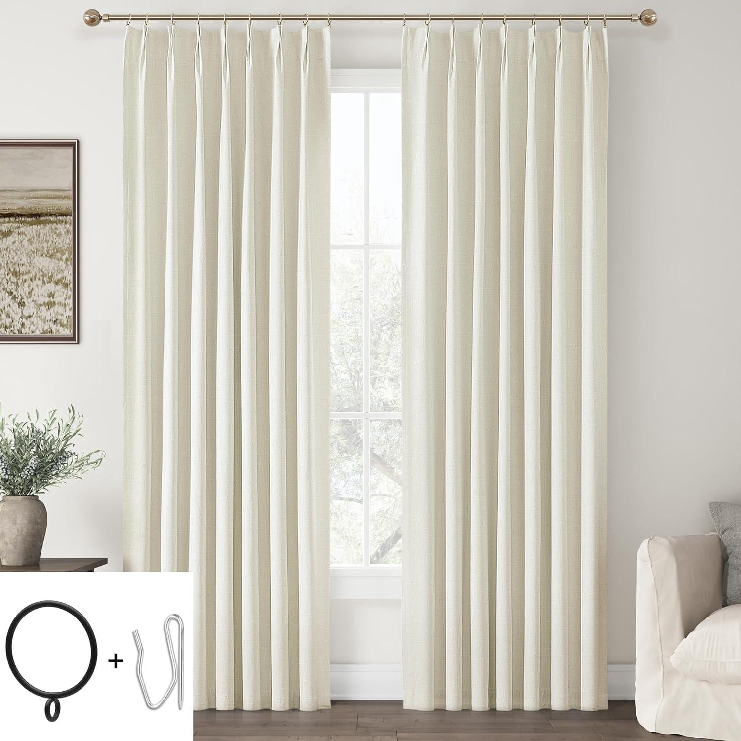 ChrisDowa Ivory Pinch Pleated Blackout Linen Curtains 90 inches Long 2 ...