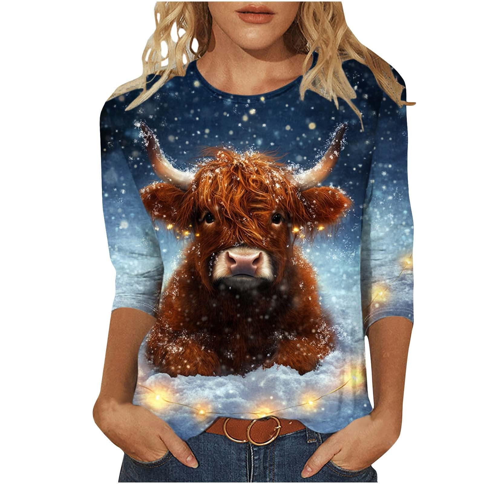 Chrismas Shirts for Women 3/4 Sleeve Round Neck Christmas Themed ...