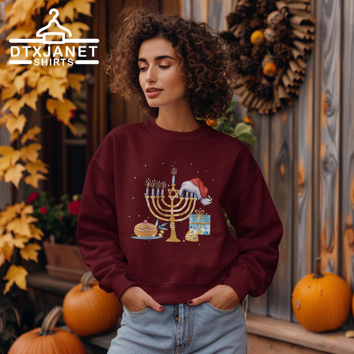 Chrismukkah Sweatshirt, Menorah With Santa Hat Crewneck, Winter Holiday ...