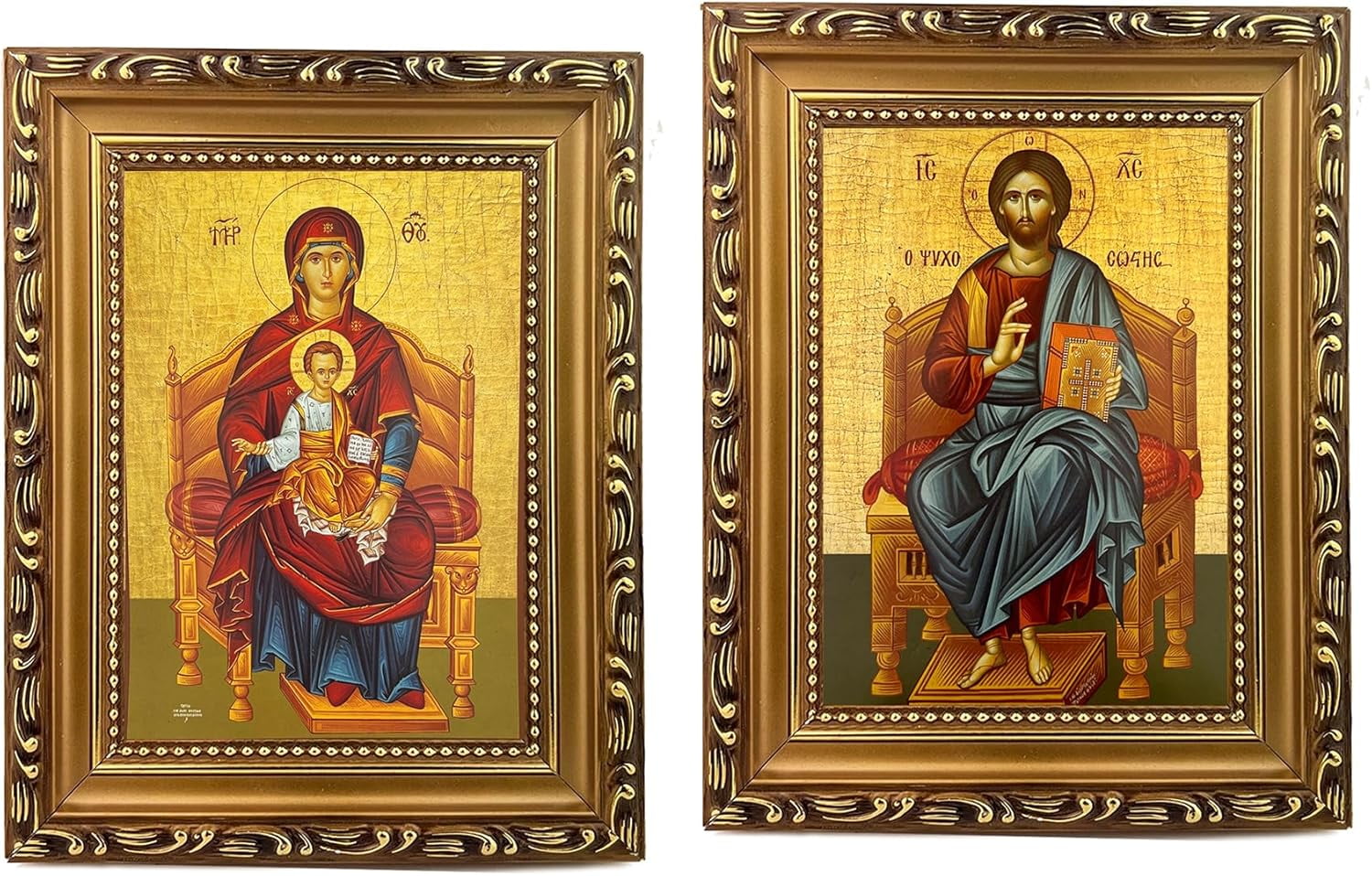 Christ Blessing Icon and And Child, Platytera Enthroned Theotokos Greek ...