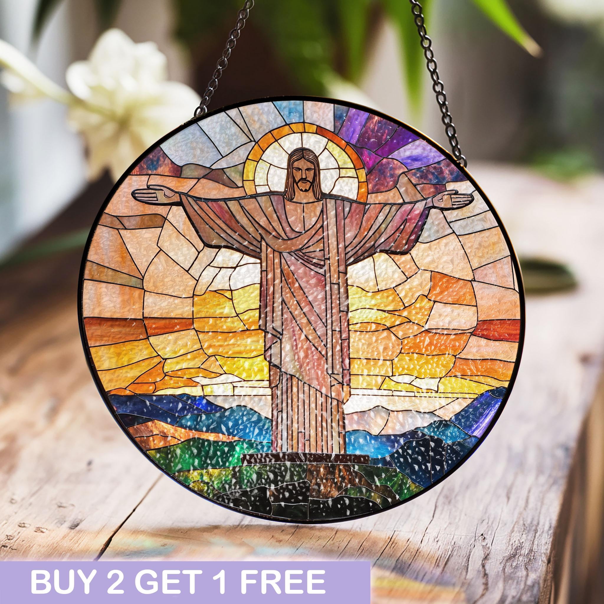 Christ the Redeemer Stained Glass Panel with Vibrant Sunset Background ...