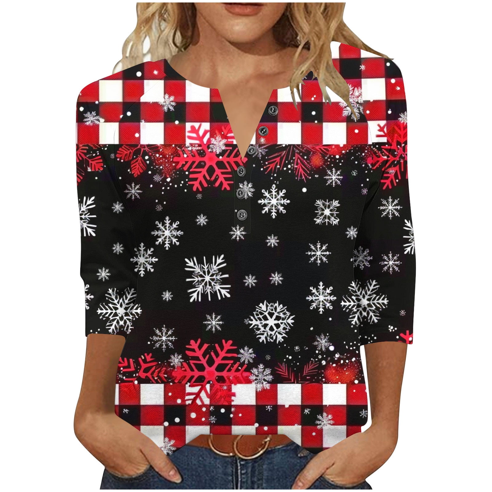 Christams Shirts for Women Loose Fit V Neck Xmas Tree Snowflakes ...