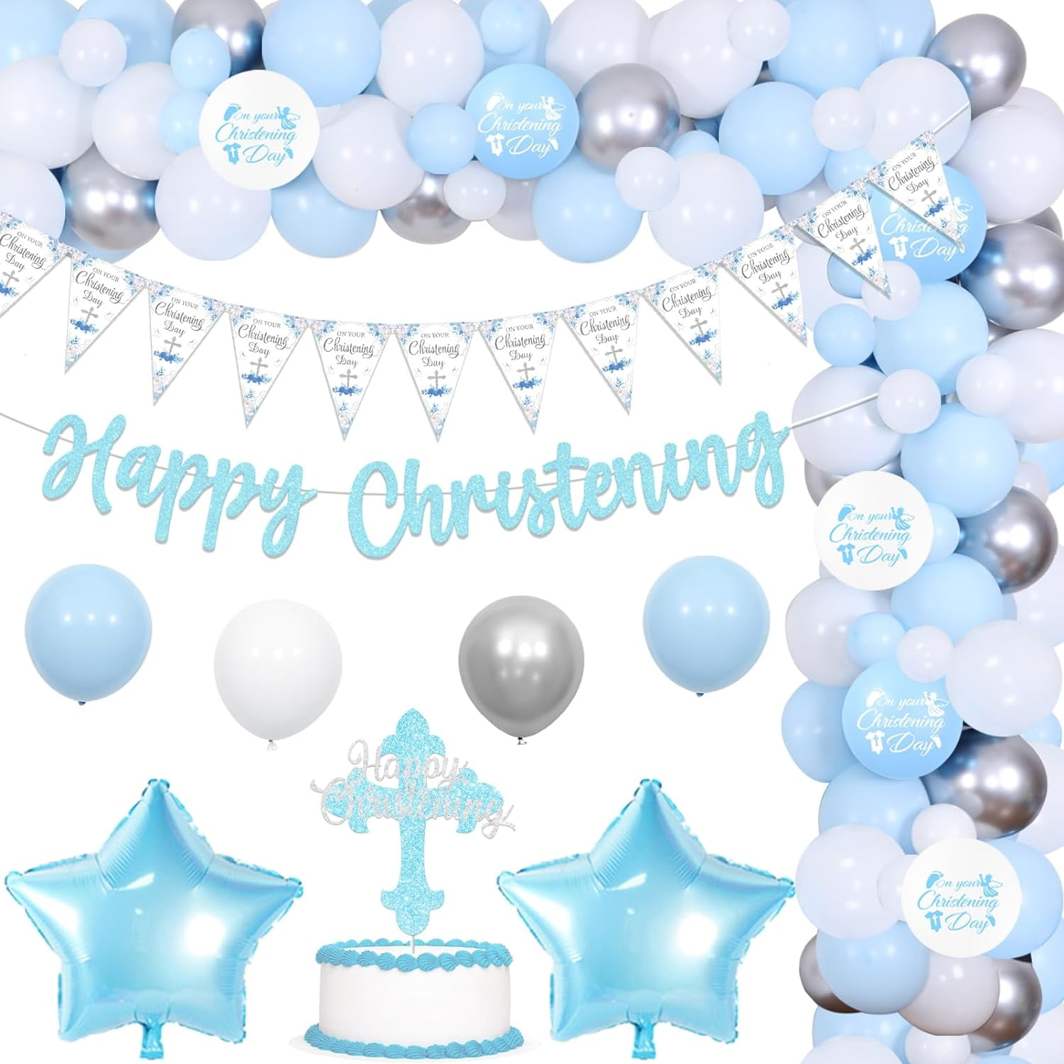 Christening Decorations for Boys Blue, Happy Christening Banner ...