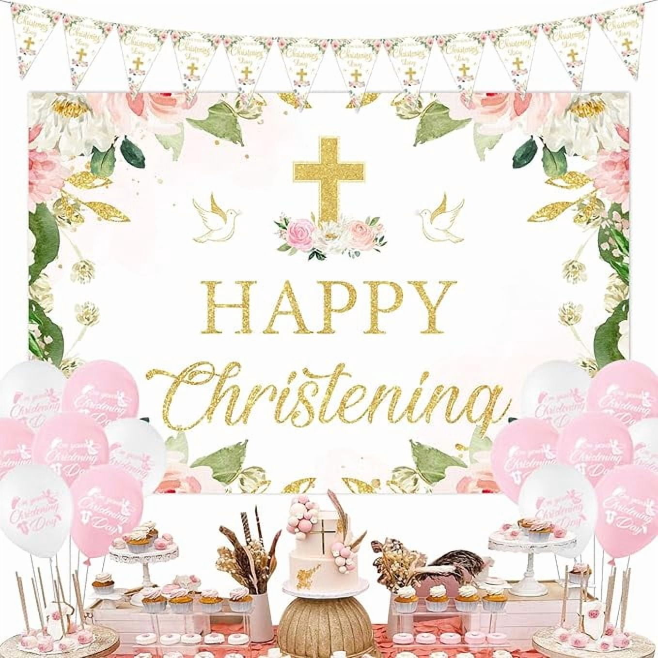 Christening Decorations Pink for Girls, Happy Christening Backdrop, On ...