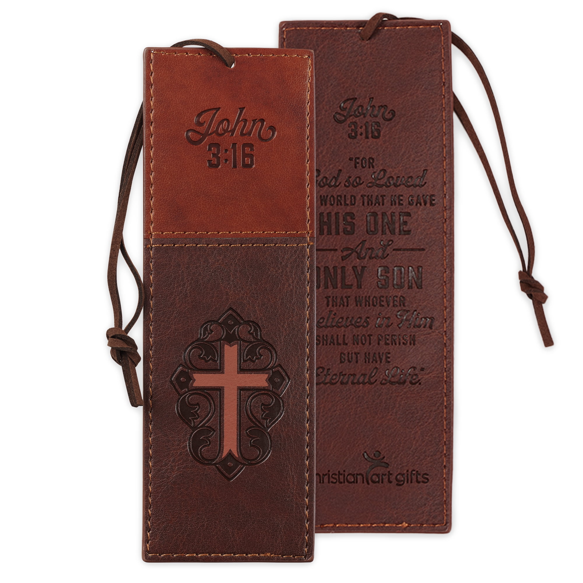 Christian Art Gifts Brown Faux Leather Bookmark Two-Tone Cross - John 3 ...