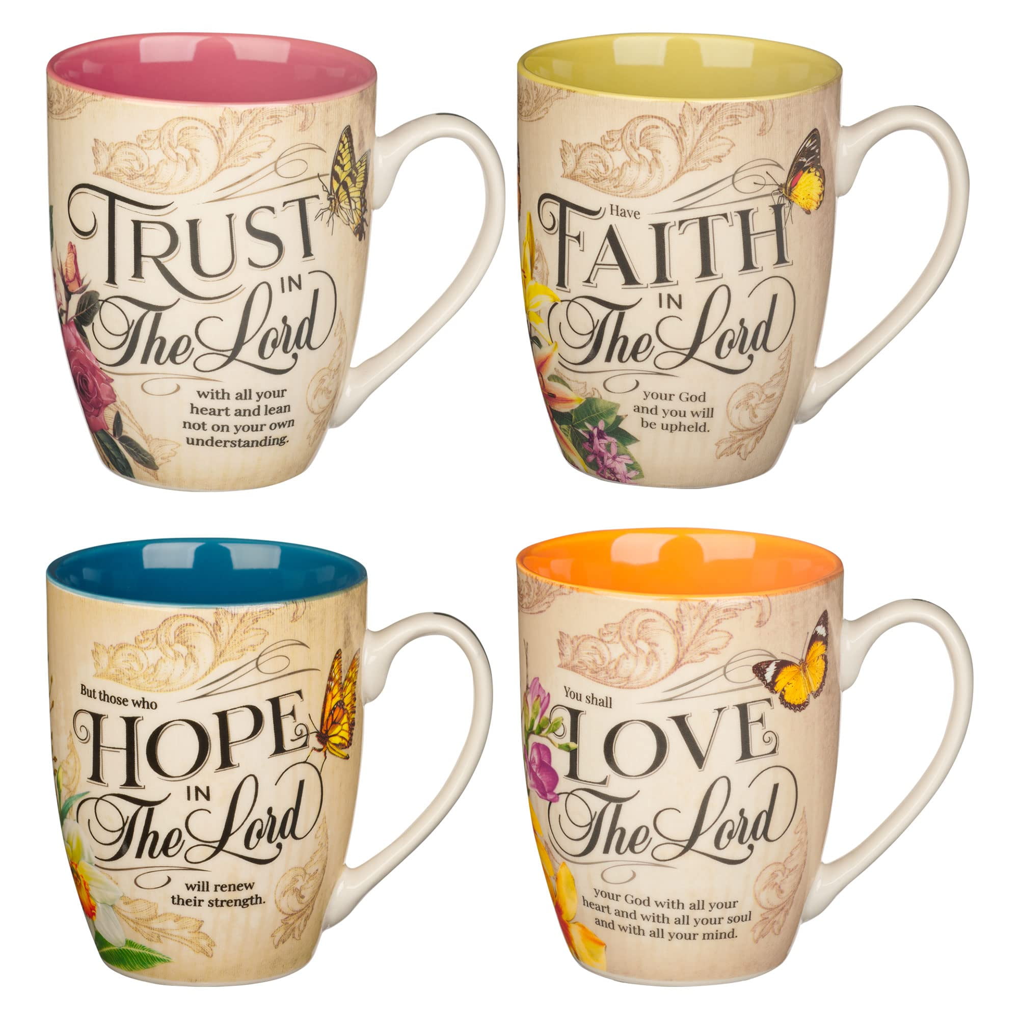 Floral Ceramic Coffee & Tea Mug Set: Hope, Trust, Faith, Love - 12oz ...