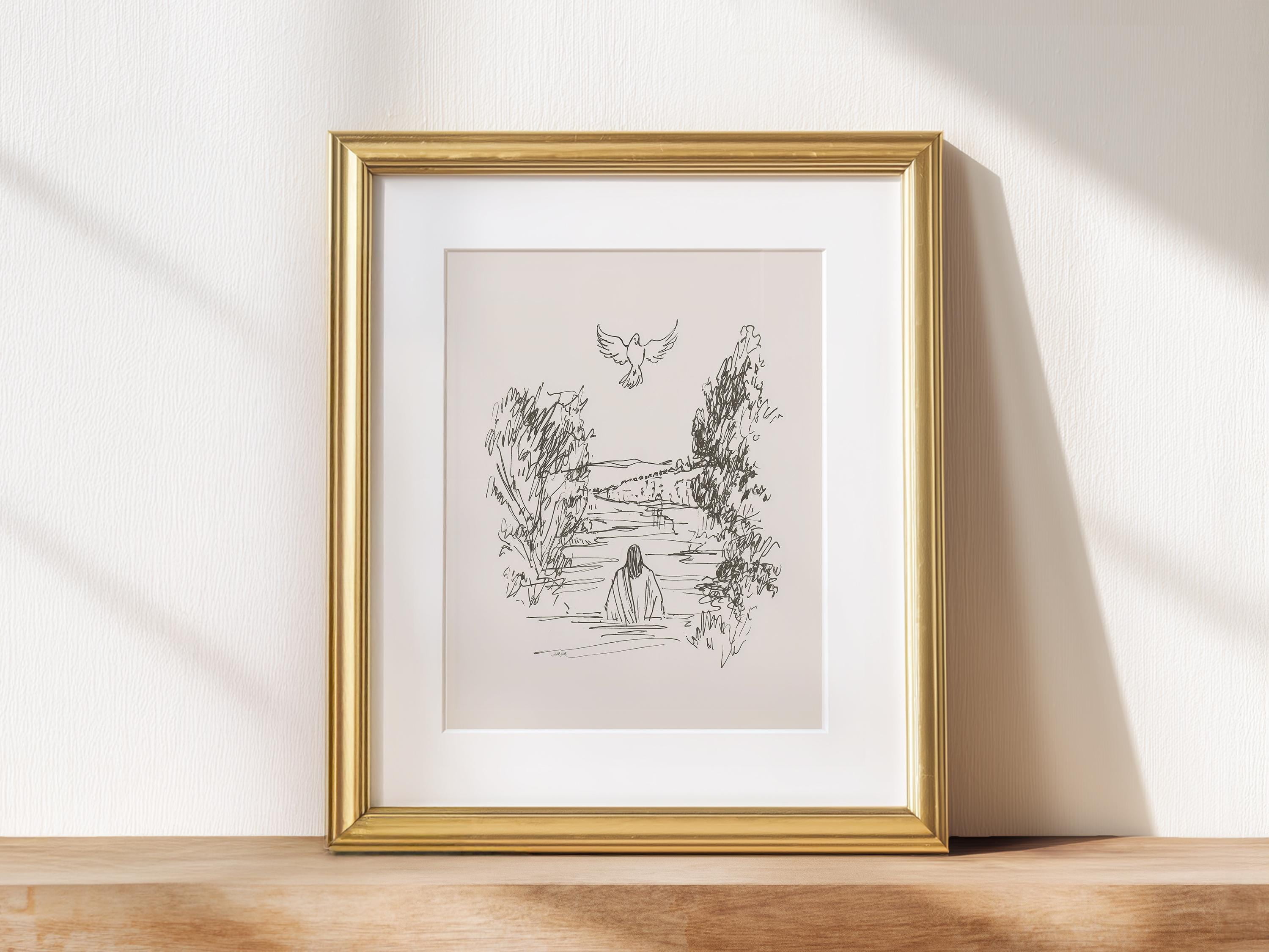 Christian Artful Sketch Neutral Jesus Baptism River Holy Spirit Art ...