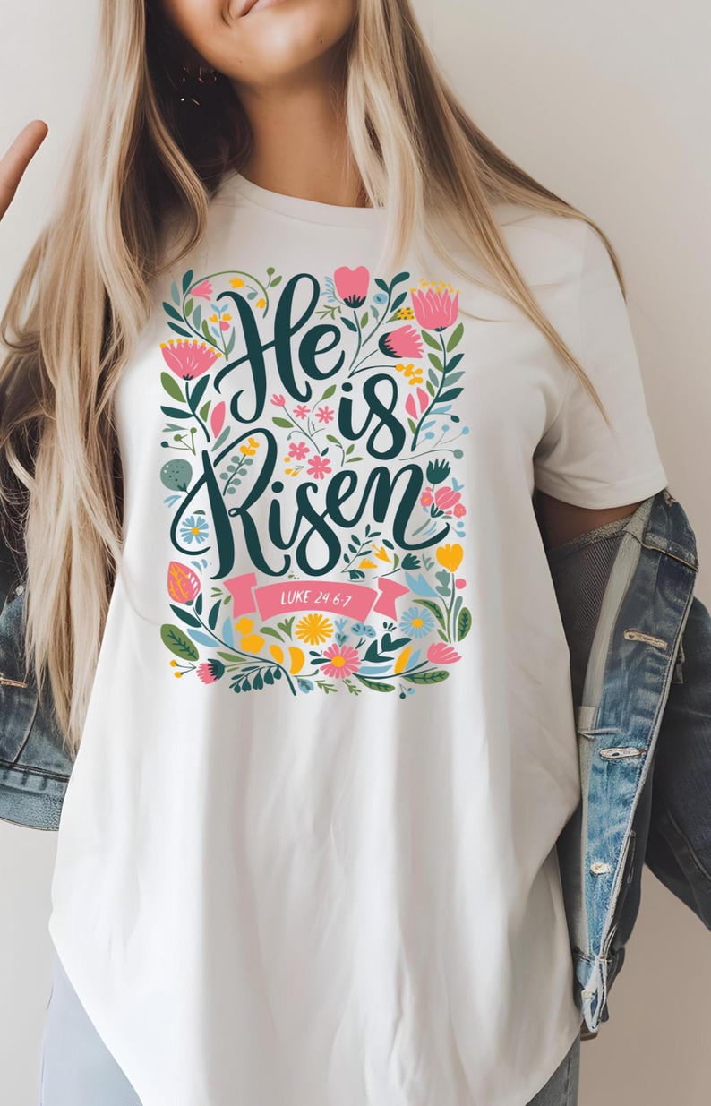 Christian BOHO Floral Tees He is Risen - Easter Story Tshirt Bible Verse Inspirational Quote ...