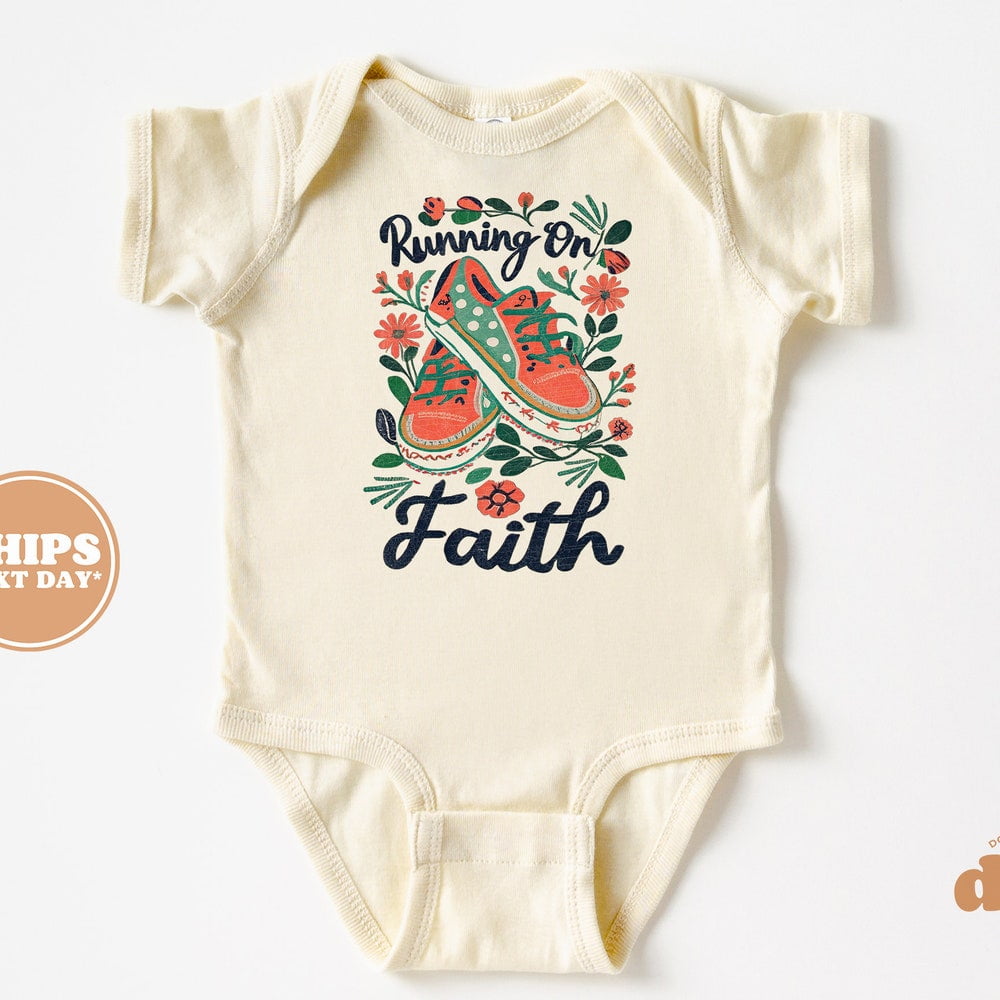 Christian Baby Bodysuit, Running On Faith Jesus Bodysuit, Retro Baby ...
