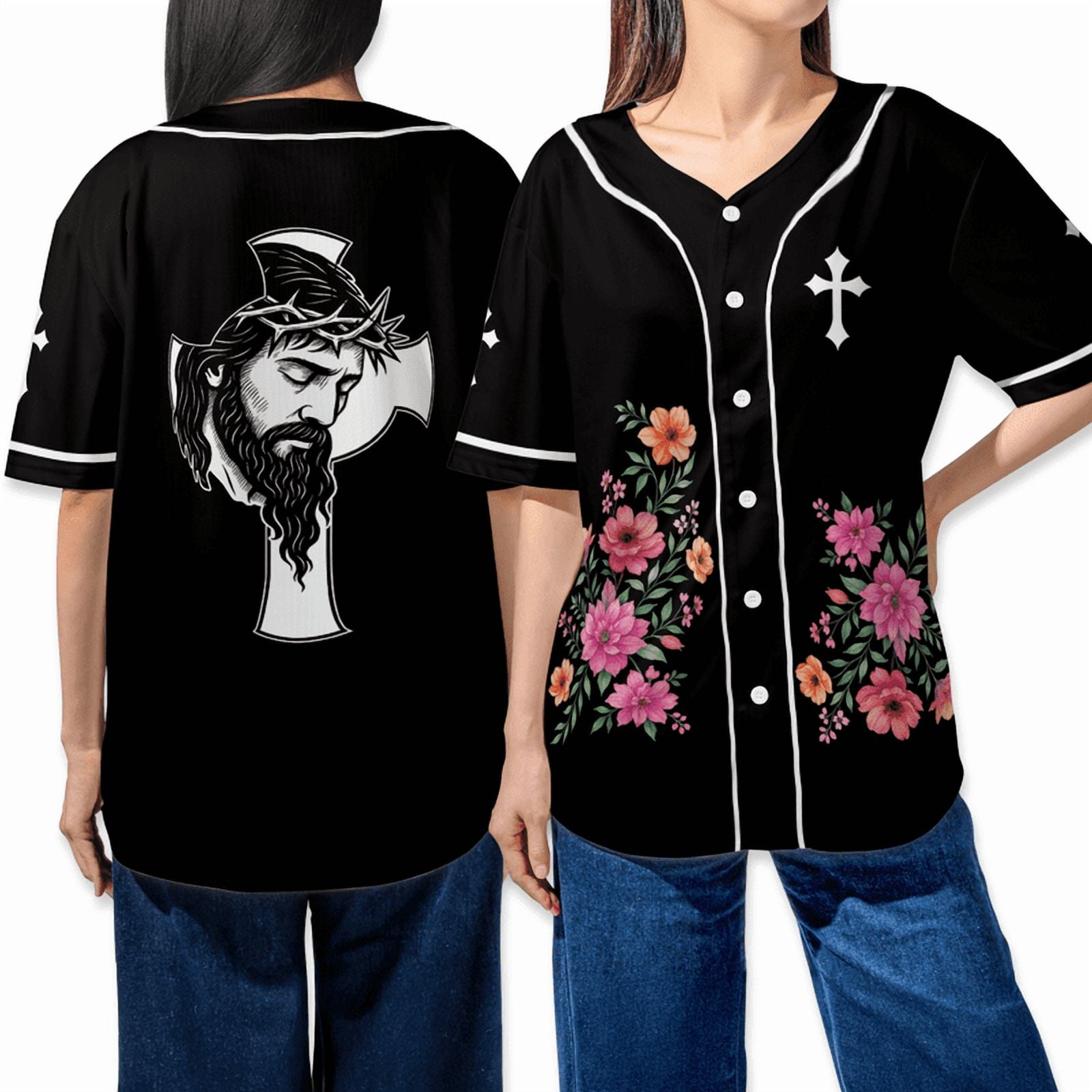 Christian Baseball Jersey Shirt – Jesus and Cross Design with Floral ...