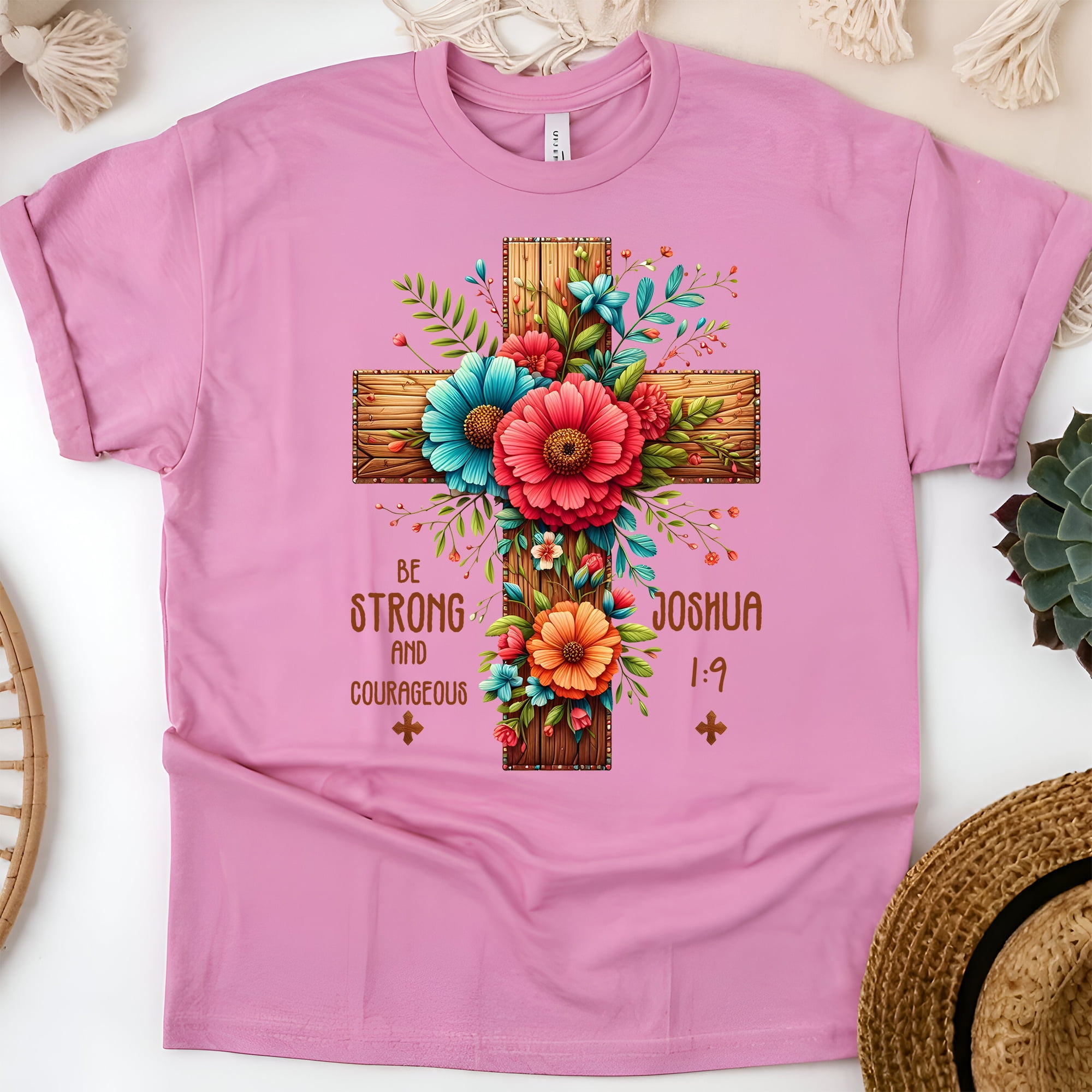Christian Be Strong and Courageous Joshua 1:9 Cross T-Shirt, Azalea ...