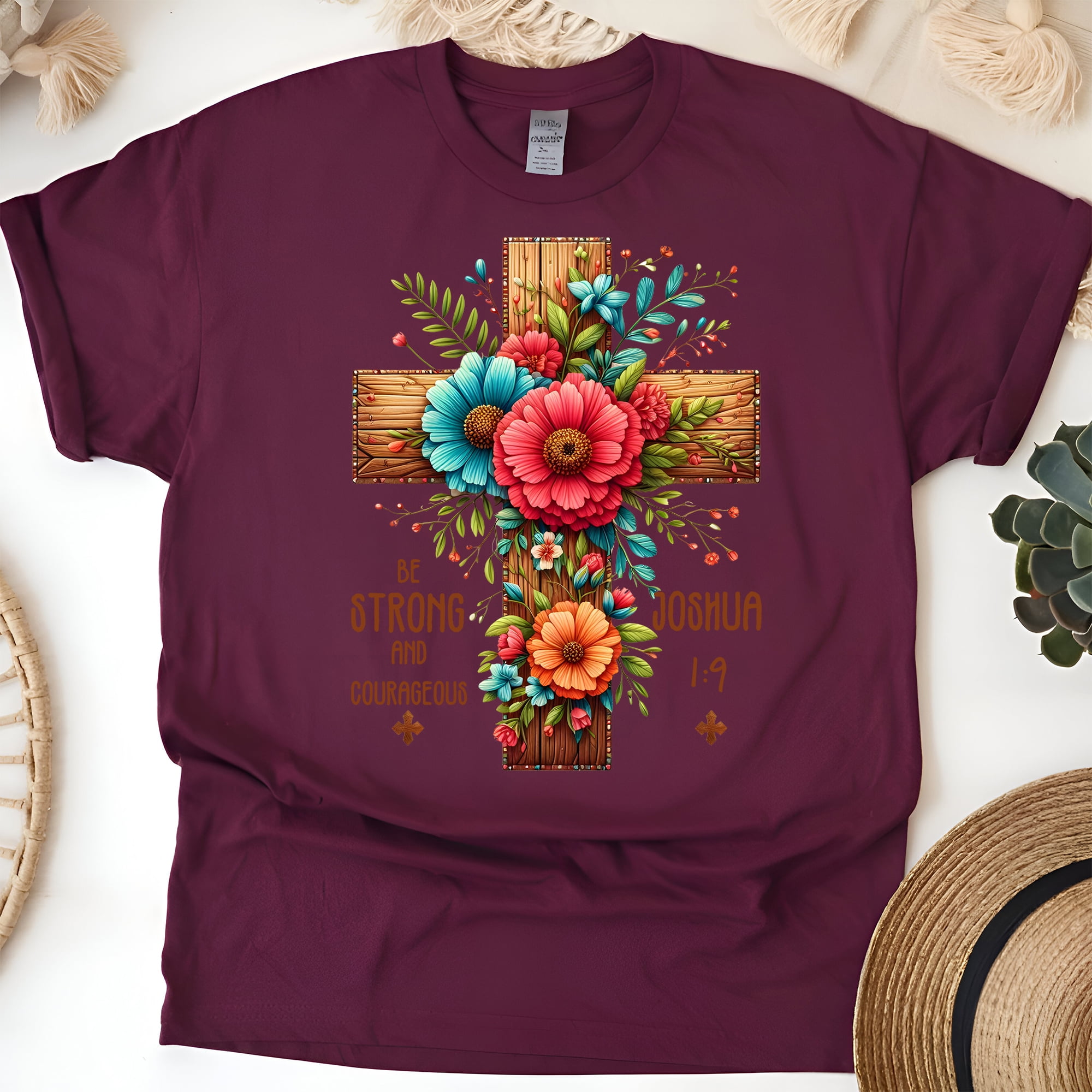 Christian Be Strong and Courageous Joshua 1:9 Cross T-Shirt, Maroon ...