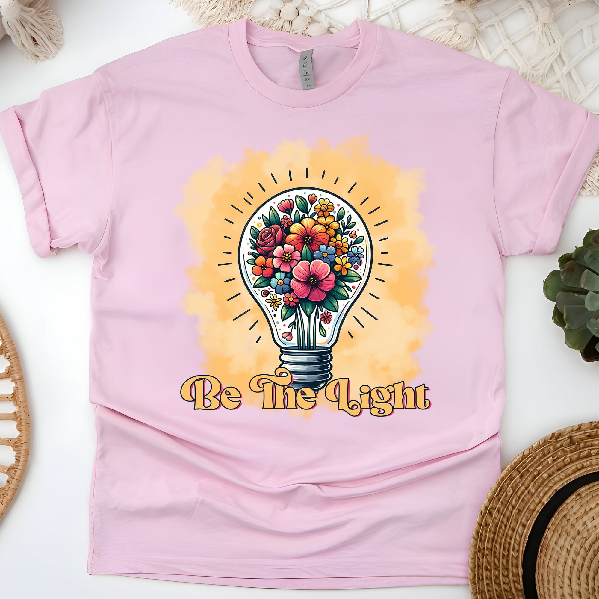 Christian Be The Light Graphic T-Shirt with Floral Light Bulb Design ...