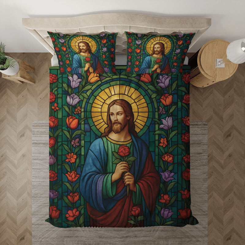 Christian Bedding Set with Jesus Stained Glass Design – Religious Duvet ...