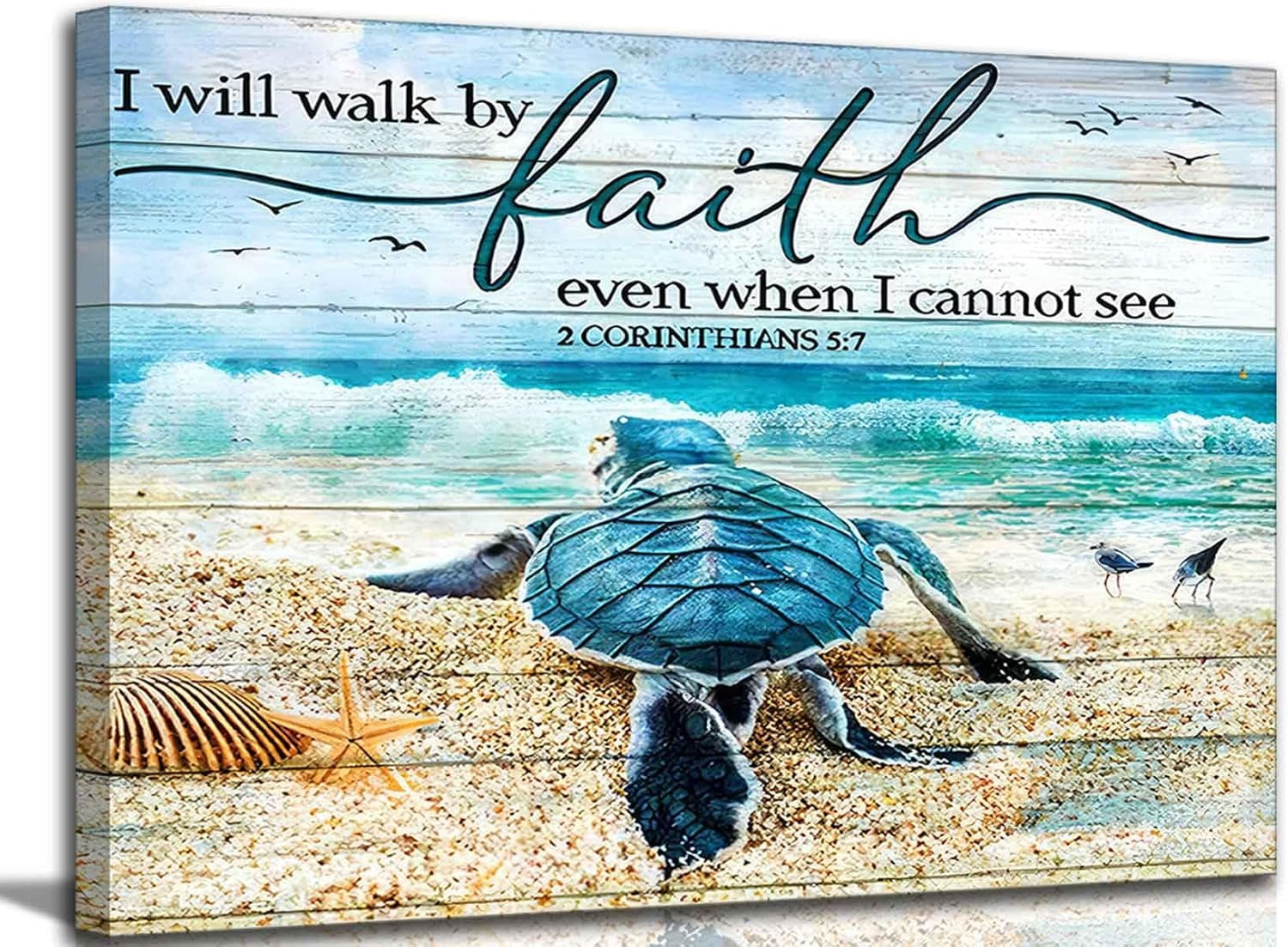 Christian Bible Inspirational Canvas Wall Art Teal Turtle Motivational ...